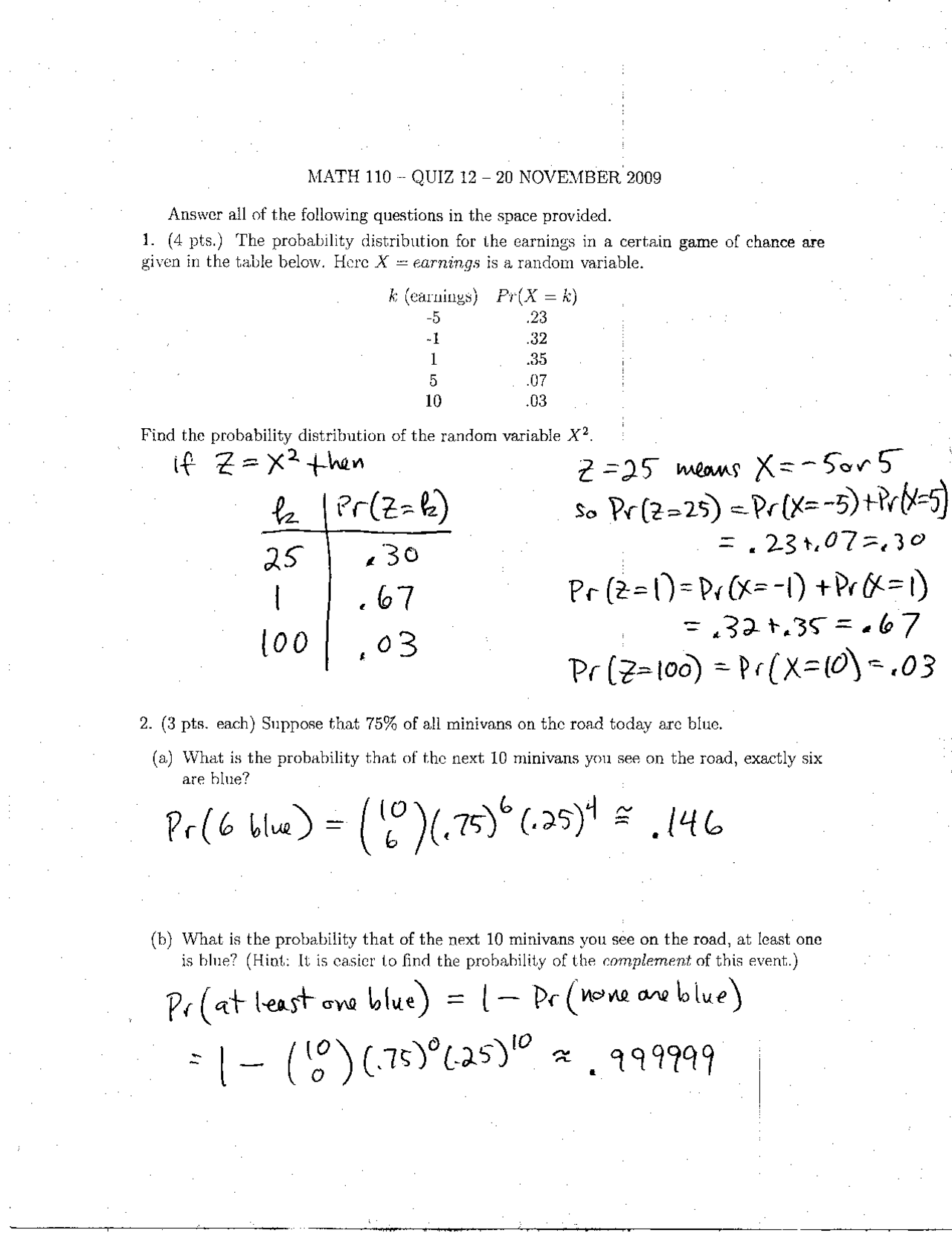 2 Solved Problems on Distribution of Probability - Quiz 12 | MATH 110 - Docsity