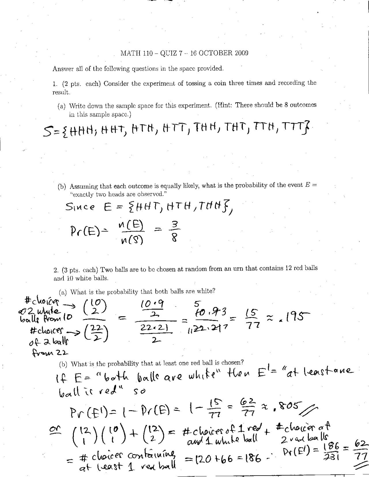 2 Solved Problems On Sample Space Quiz 7 Math 110 Docsity