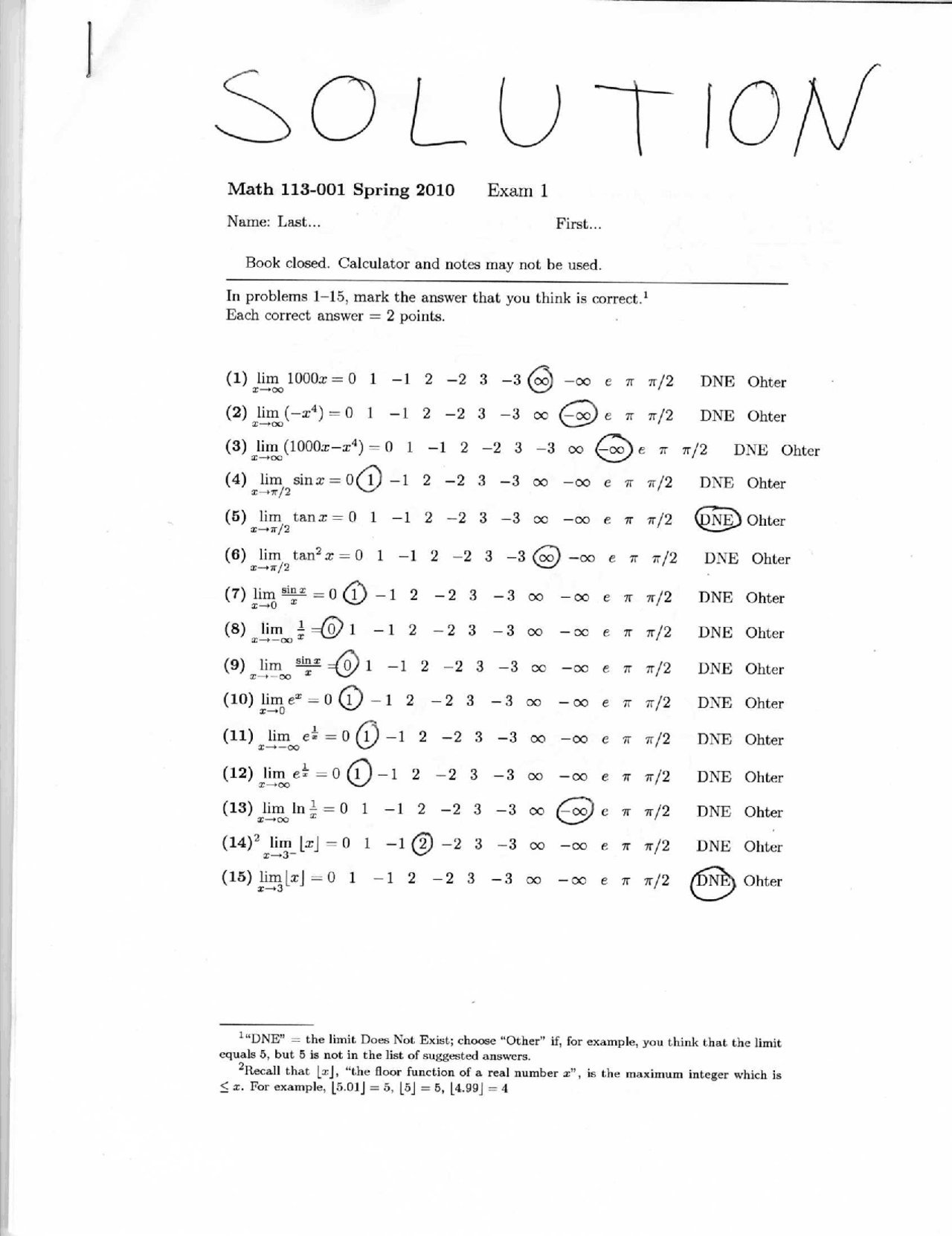 Exam 1 With Solutions Analytic Geometry And Calculus I Math 113