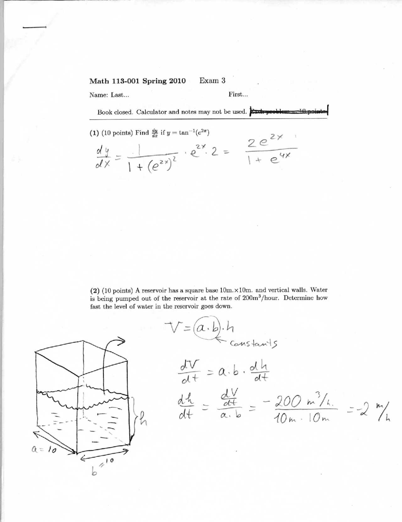 Exam 3 With Solution Spring 2010 Recitation For Lecture Math 113