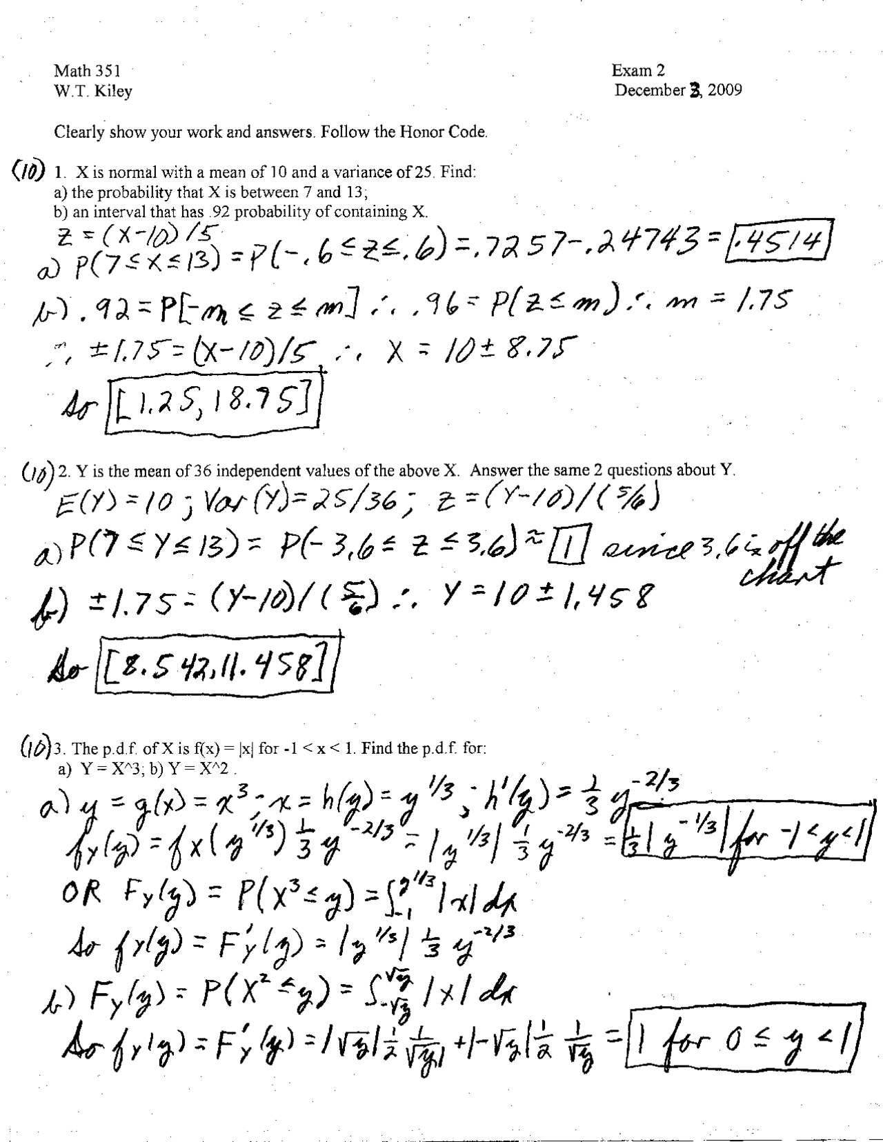Exam 2 Questions with Solutions - Probability | MATH 351 - Docsity