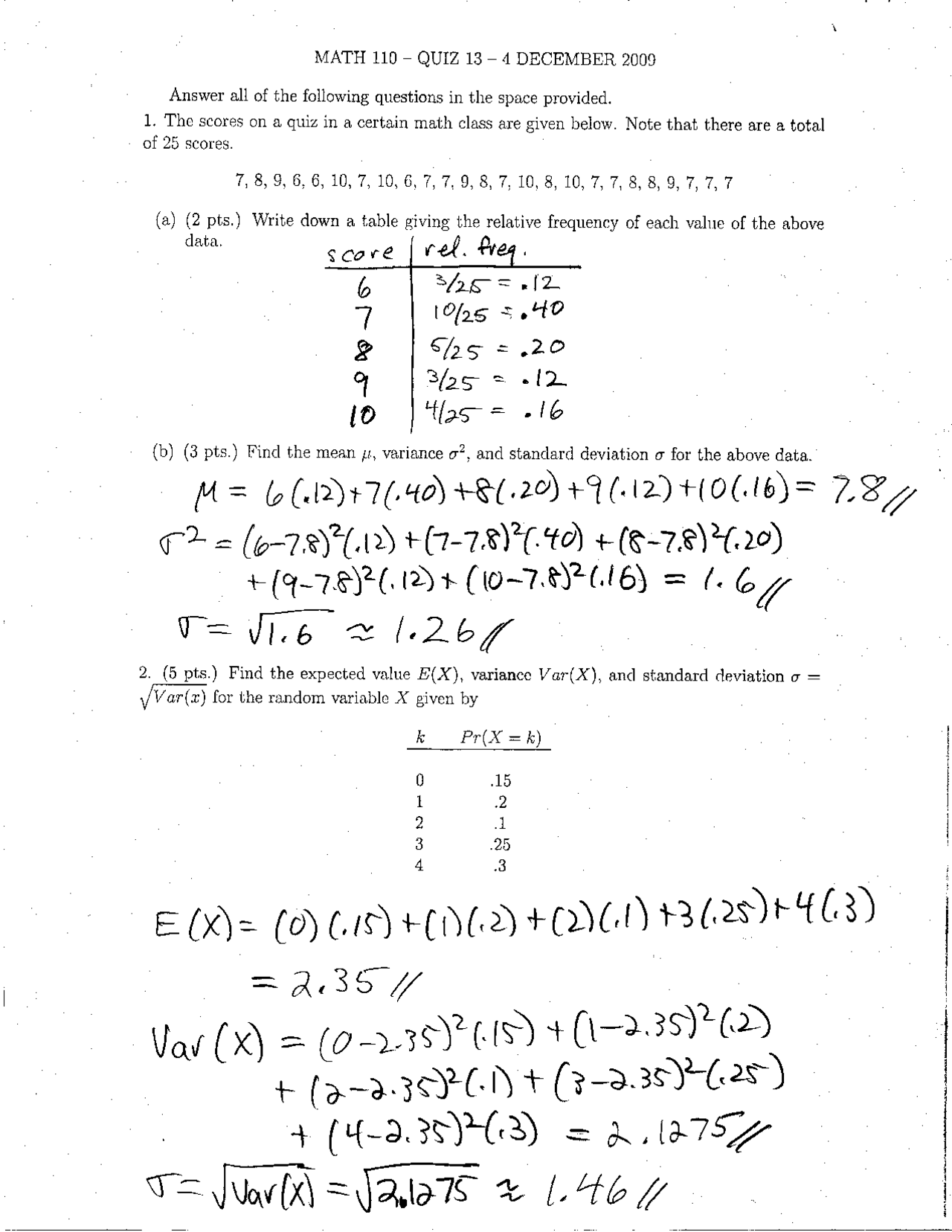 Questions/Solutions to Introductory Probability | MATH 110 - Docsity