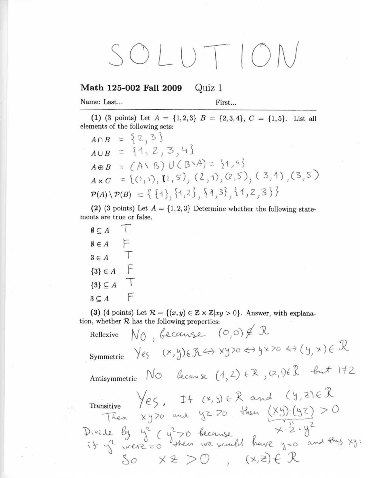 Quiz 1 With Solution Discrete Mathematics I Math 125 Docsity