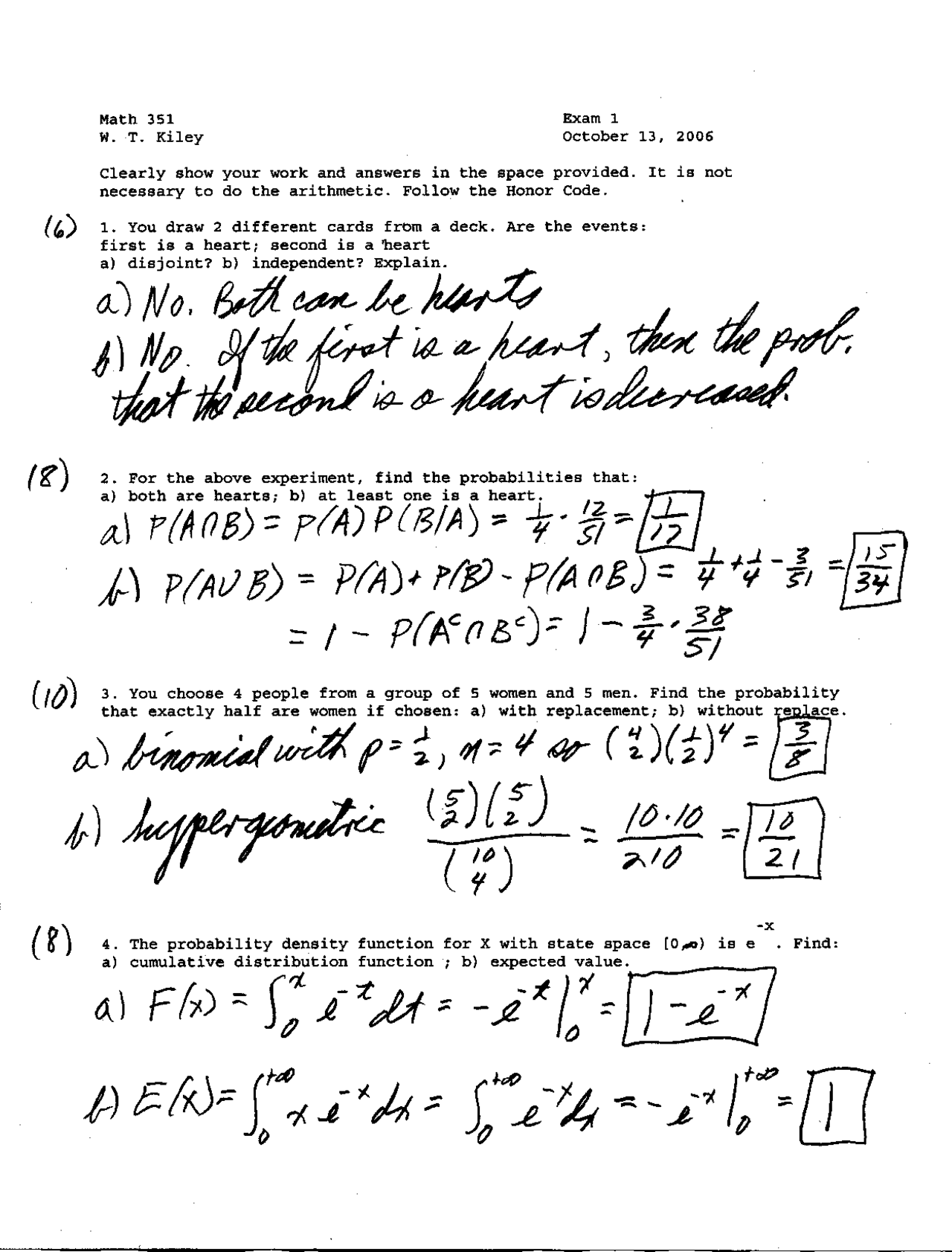 8 Solved Problems on Probability - Examination 1 | MATH 351 - Docsity