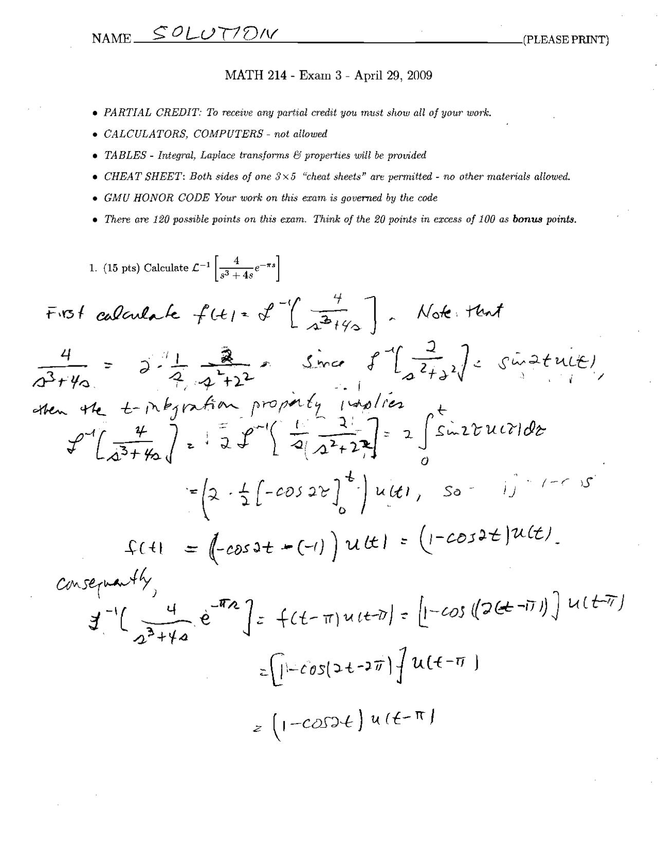 Exam 3 Solutions Elementary Differential Equations Math 214 Docsity