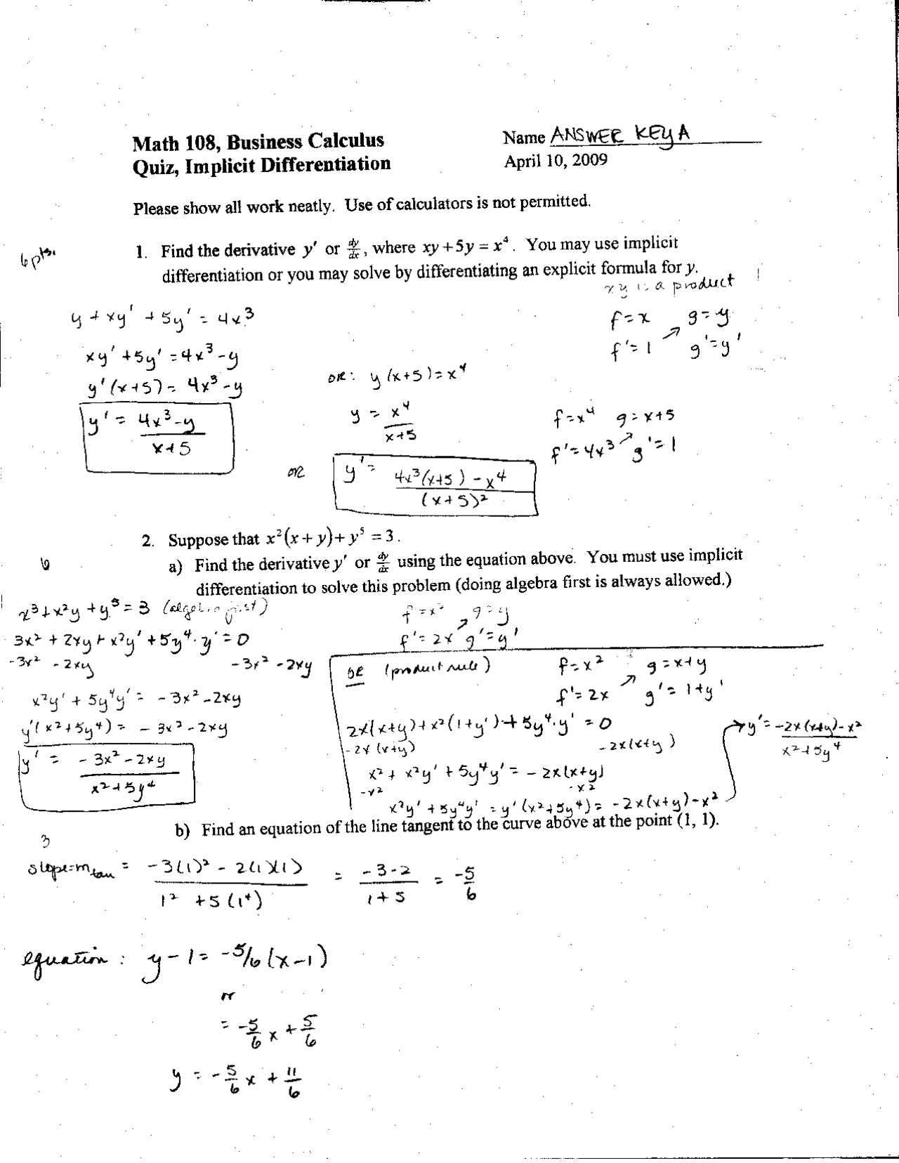 Implicit Differentiation Introduction To Calculus Business Quiz 3
