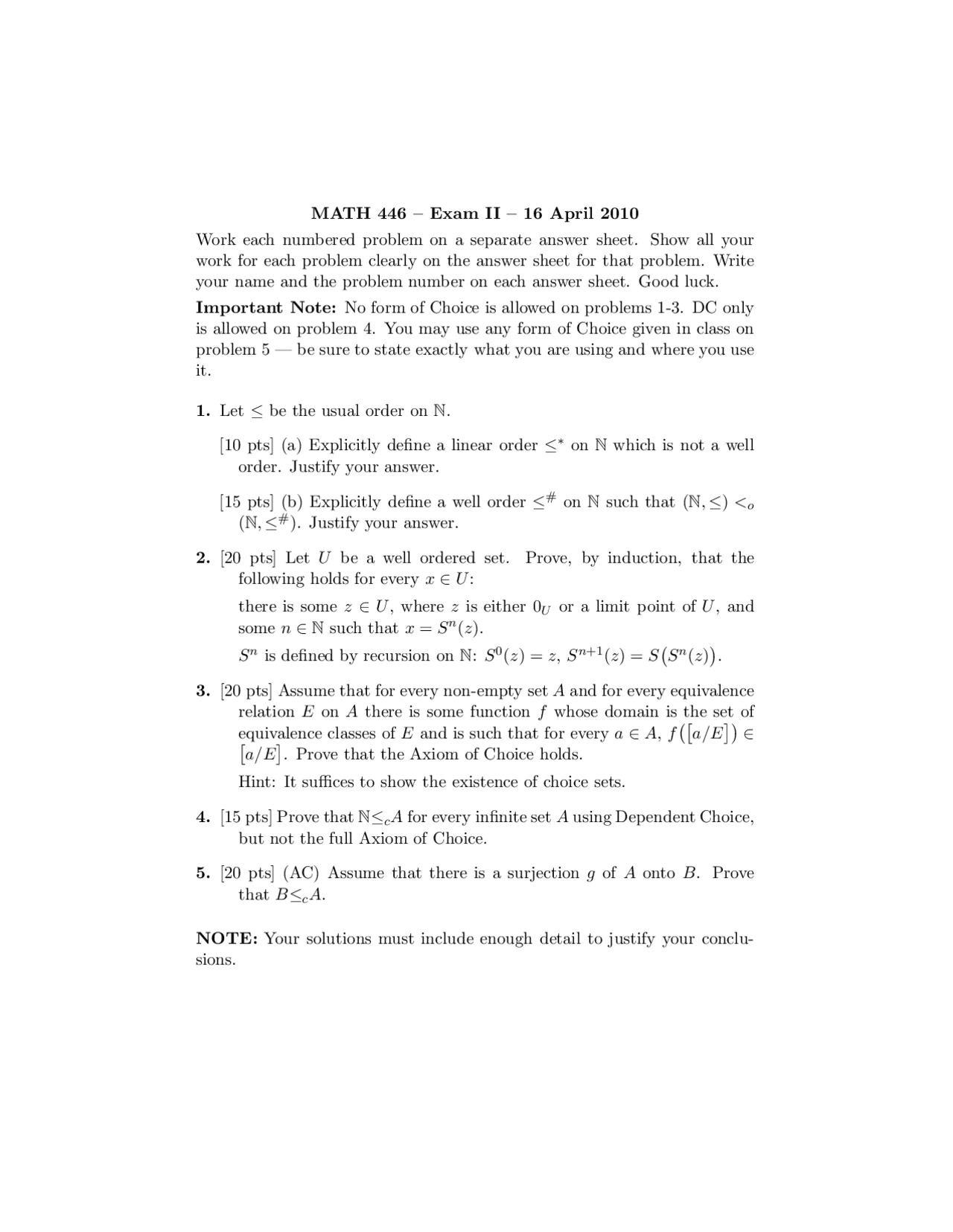 Exam 2 Sample Questions - Axiomatic Set Theory - Fall 2010 | MATH 446 ...