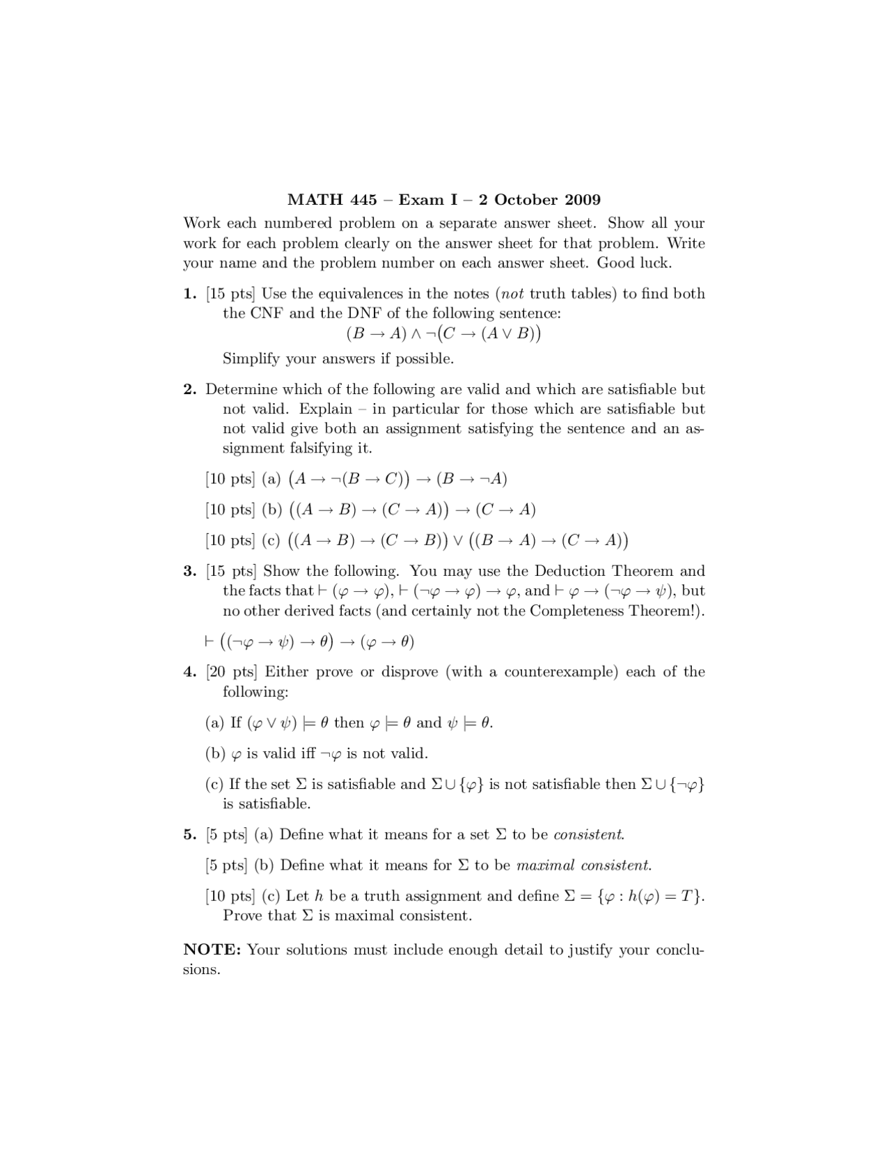 5 Questions In Elementary Mathematics Logic Exam 1 Math 445 Docsity