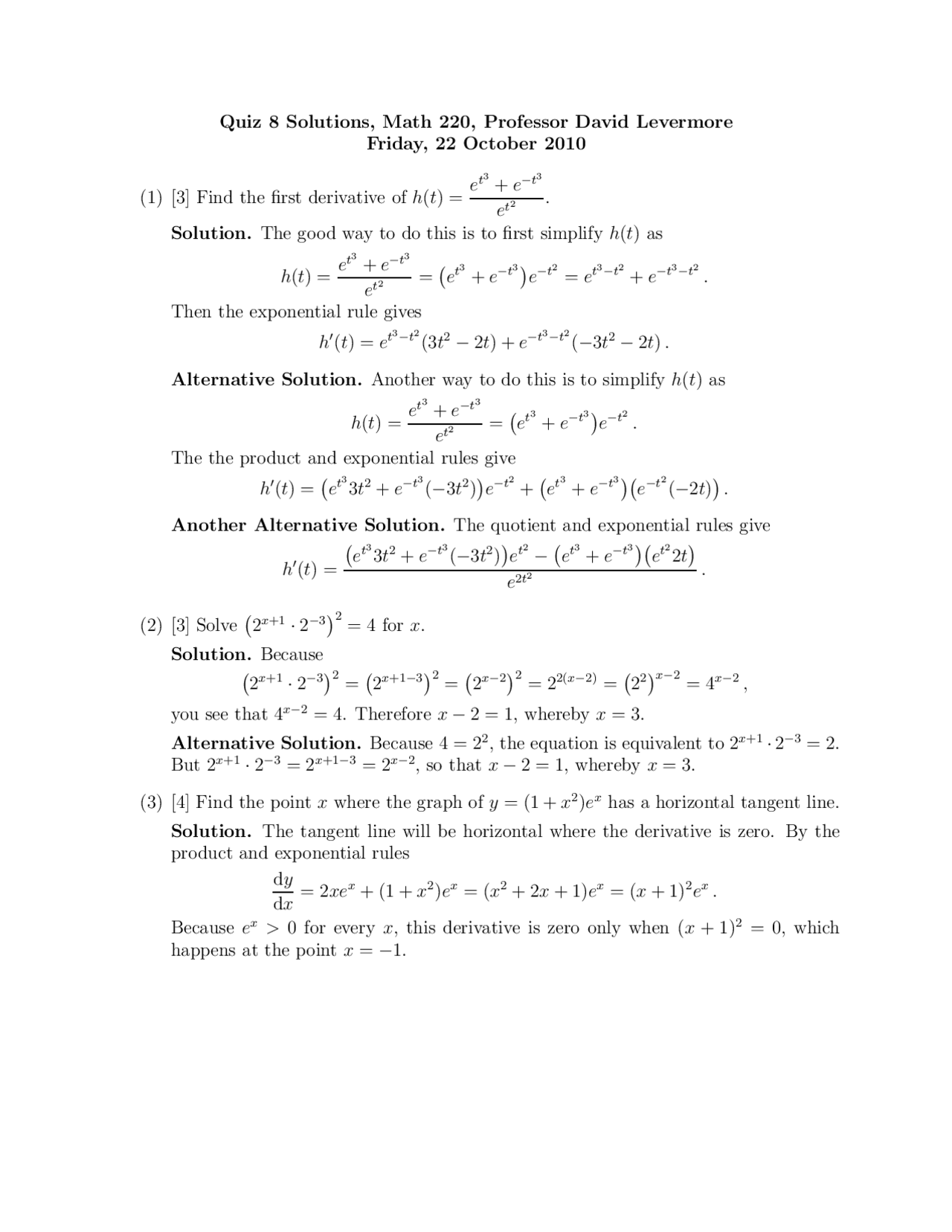 Solutions Of 3 Problems On Elementary Calculus I Quiz 8 Math 220