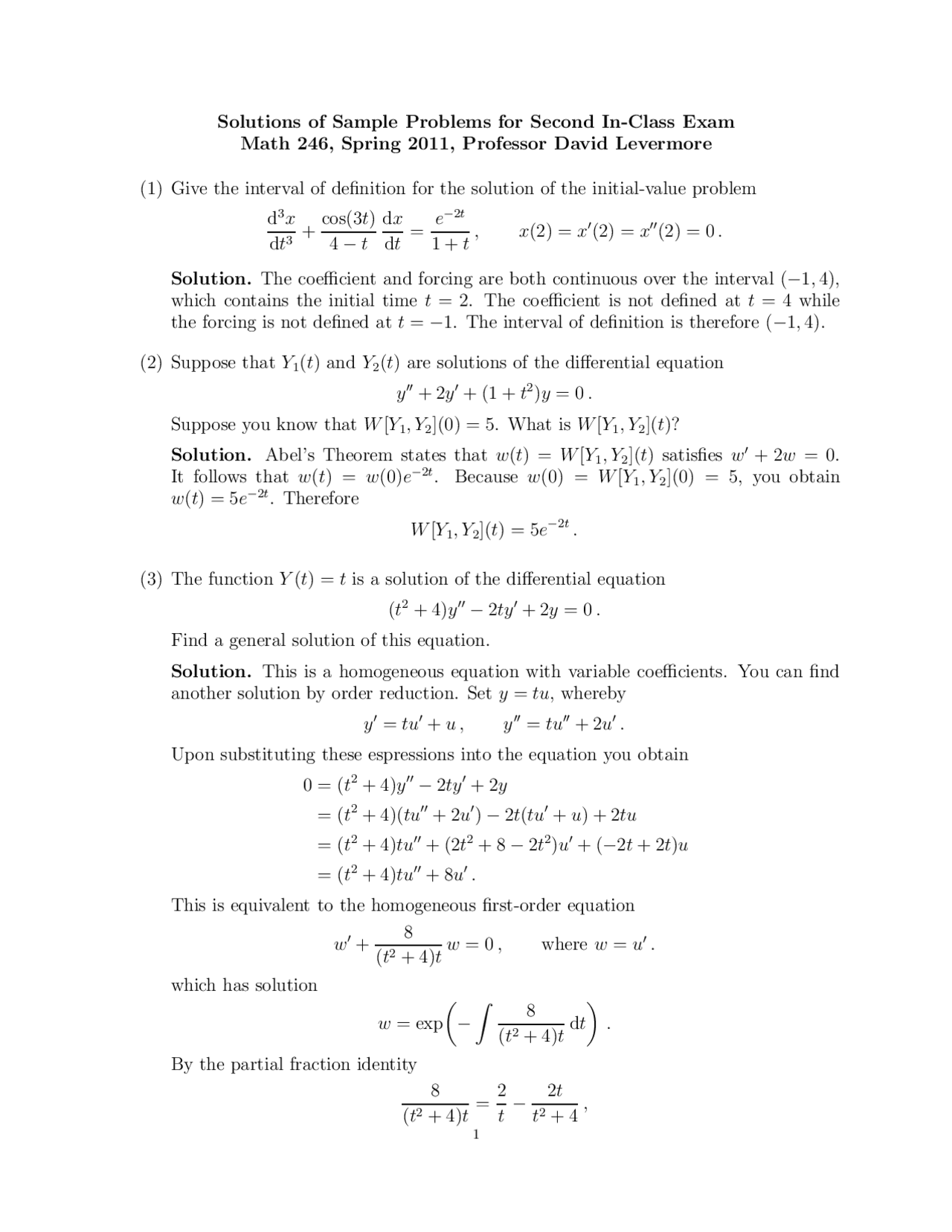Solutions For Exam 2 Differential Equations For Scientists And