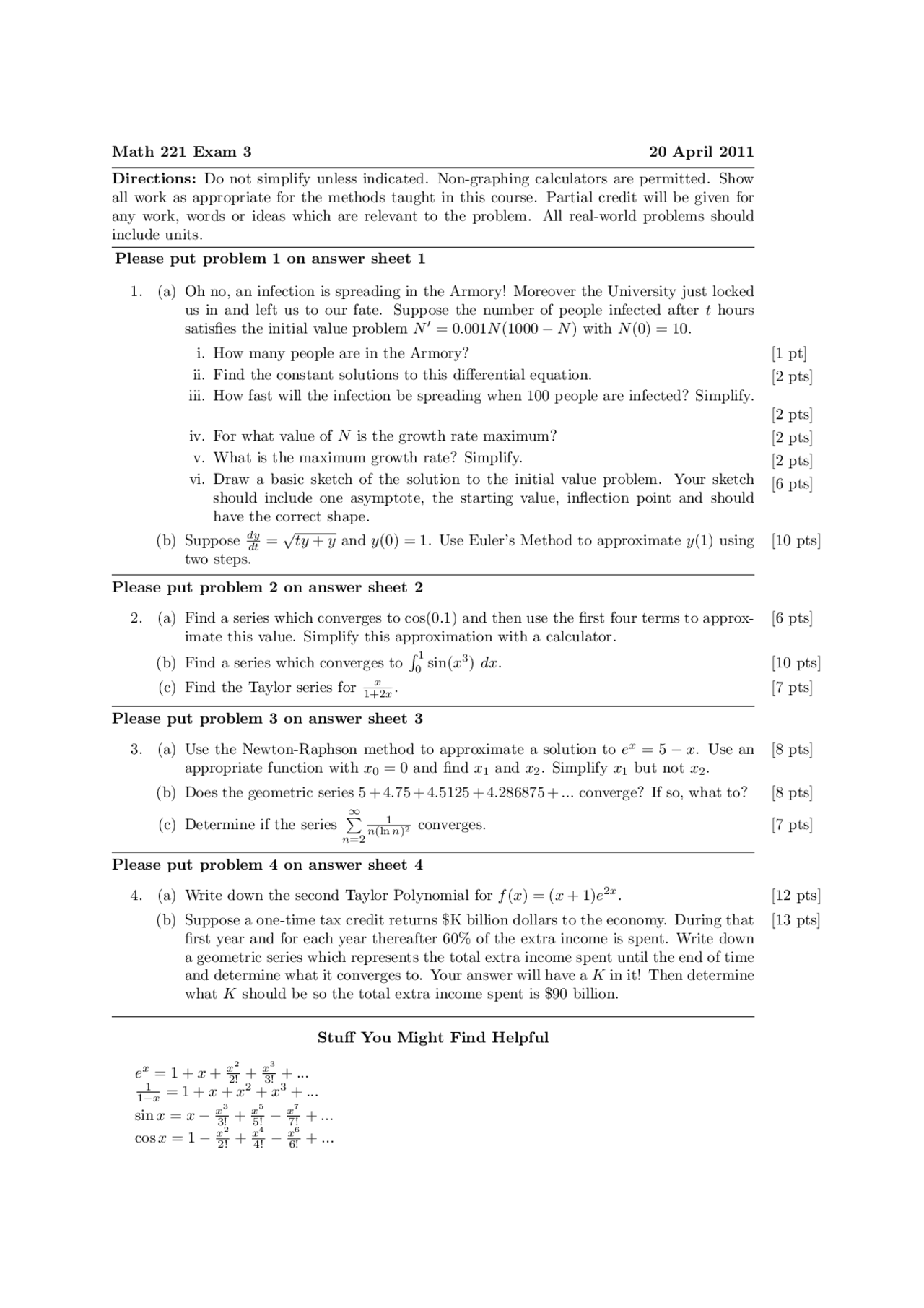 Solutions to Exam - Elemental Calculus II | MATH 221 - Docsity
