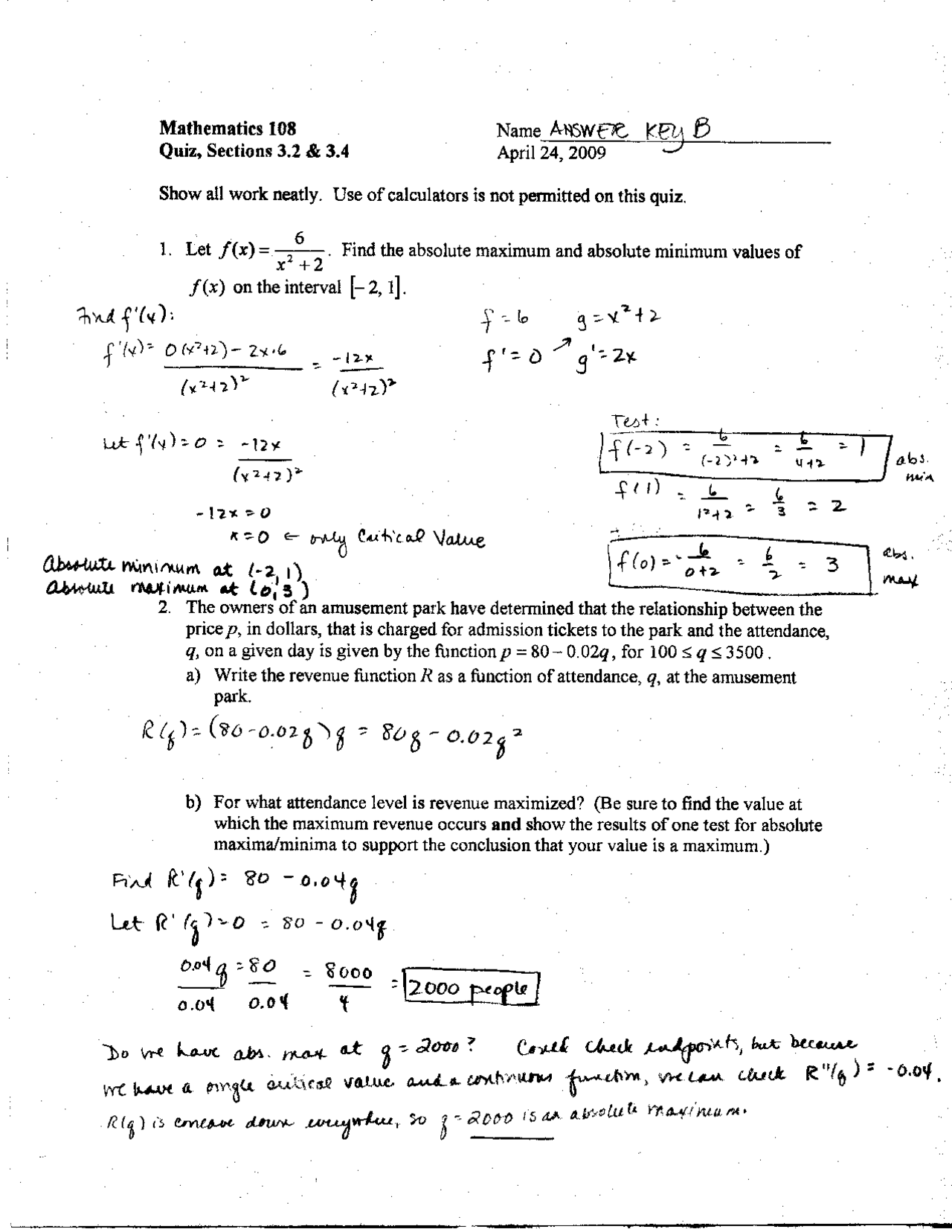 2 Solved Problems on Absolute Minimum and Maximum Values - Quiz 3 | MATH 108 - Docsity