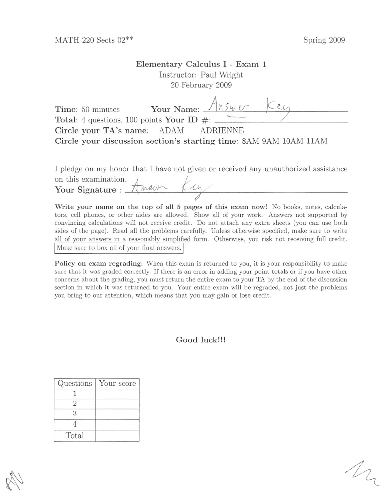 Exam 1 Answer Key Elementary Calculus I Math 220 Docsity