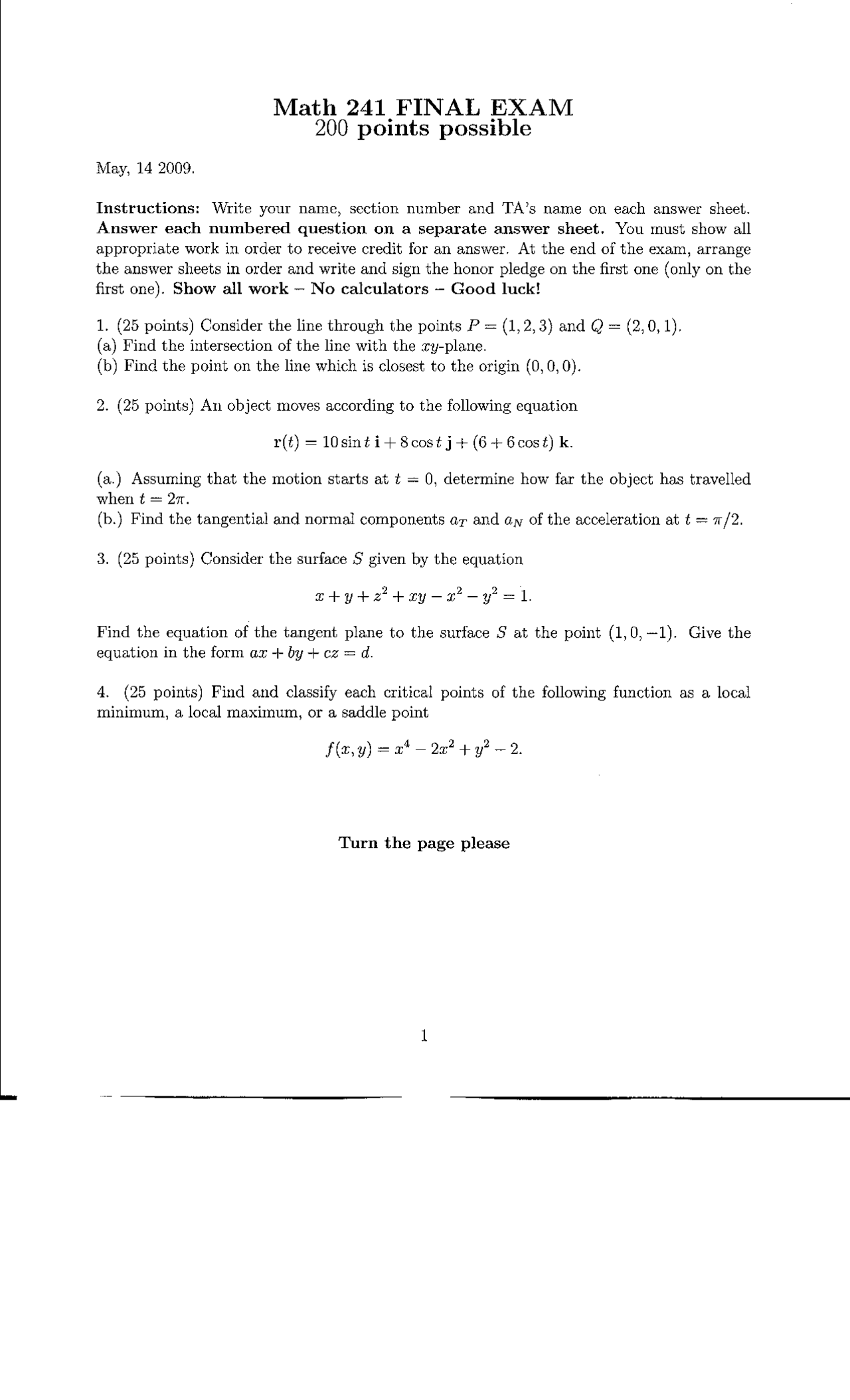 Final Exam Paper Calculus Iii Math 241 Docsity