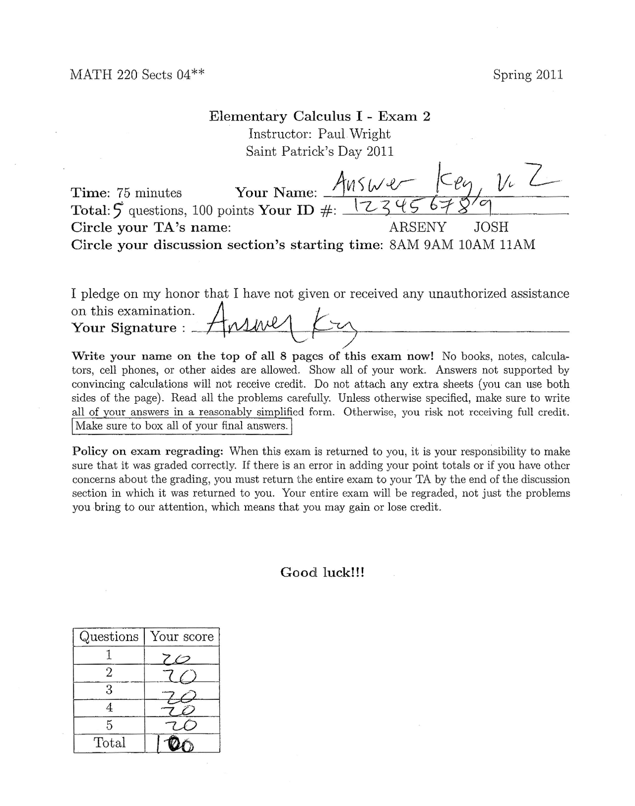 Exam 2 With Answers Elementary Calculus I Math 220 Docsity