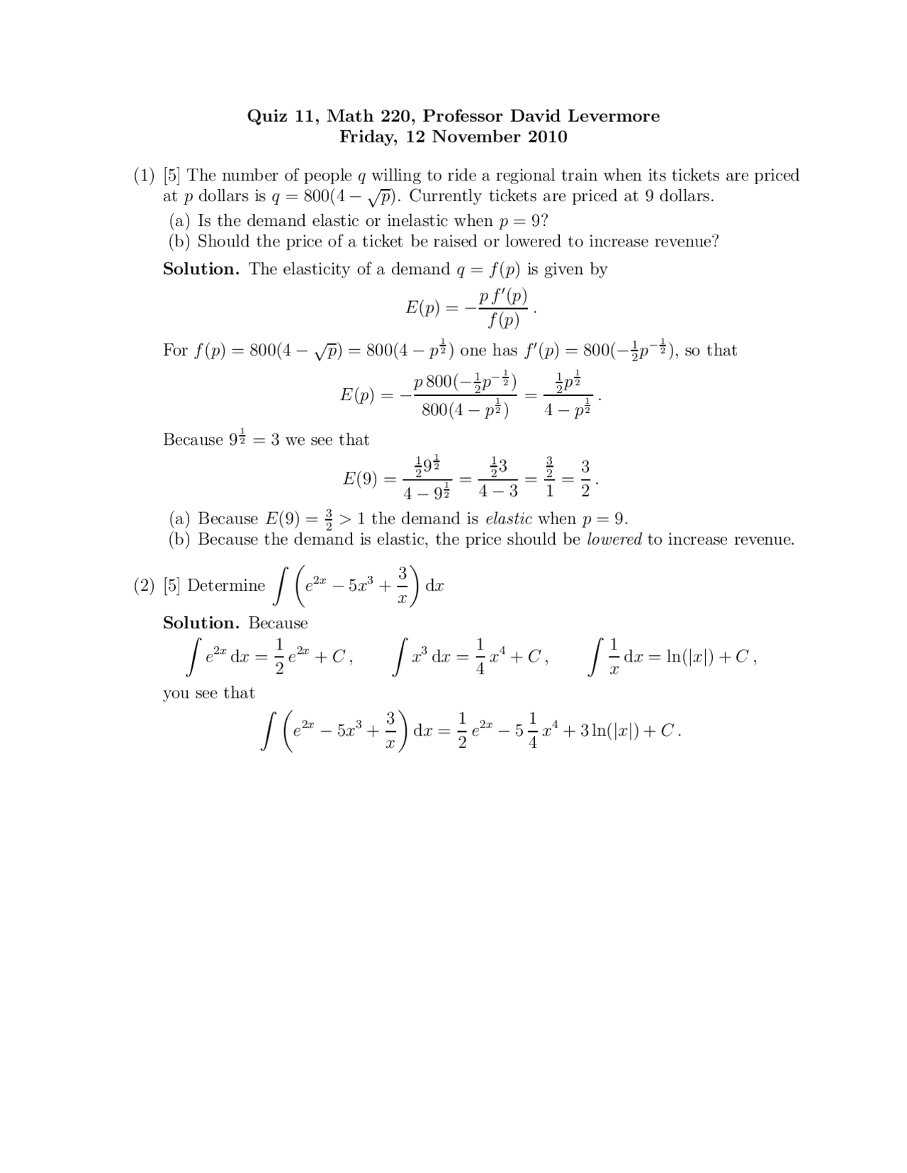 Solved Quiz 11 for Elementary Calculus I | MATH 220 - Docsity