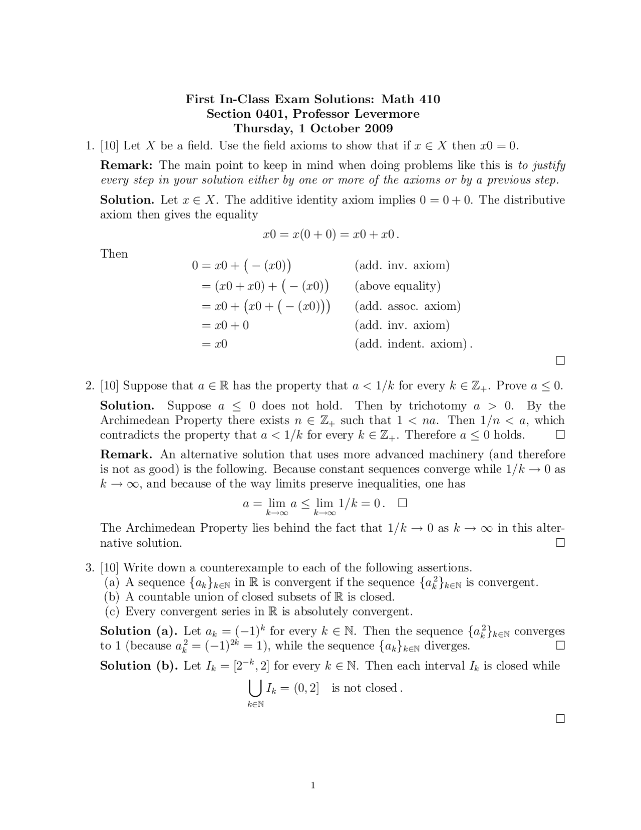 Solutions to First In-Class Exam: Math 410 - Prof. Charles D. Levermore | Exams Advanced ...