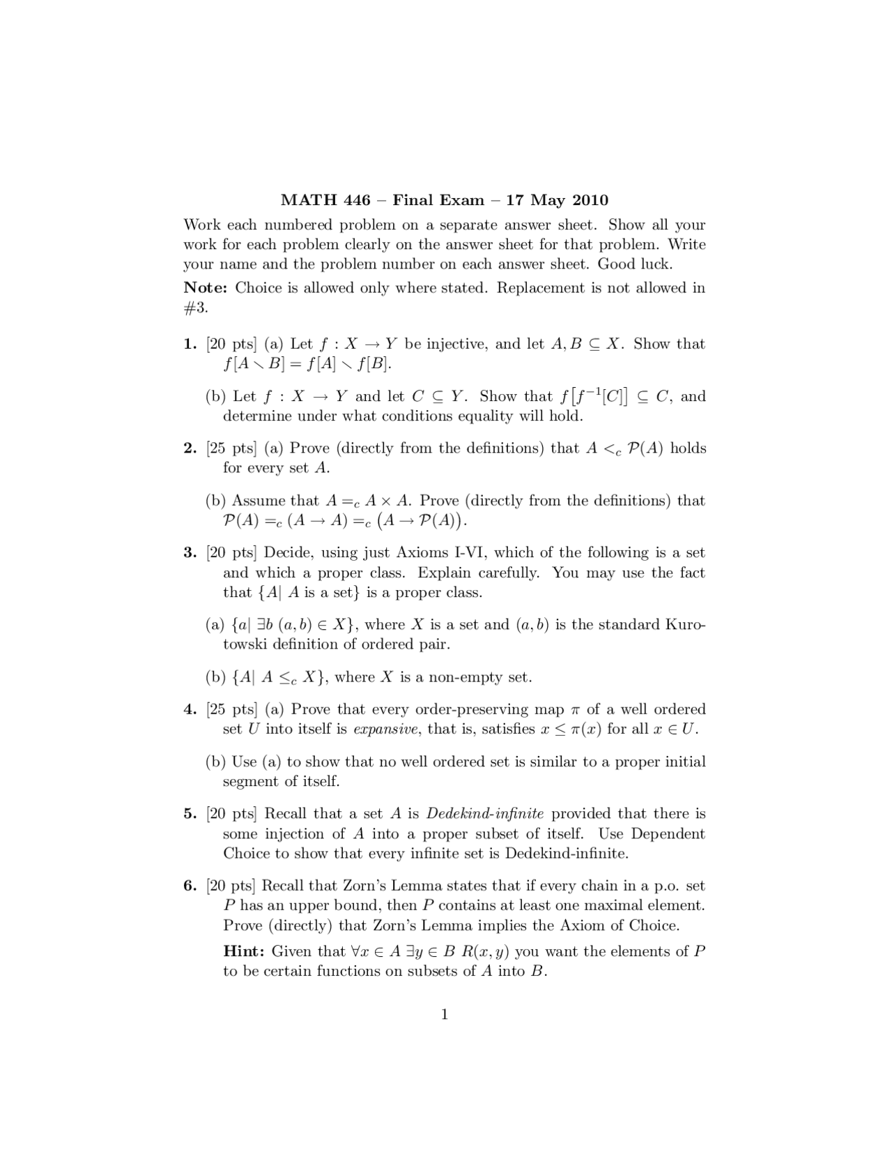9 Problems for Final Examination - Axiomatic Set Theory | MATH 446 - Docsity