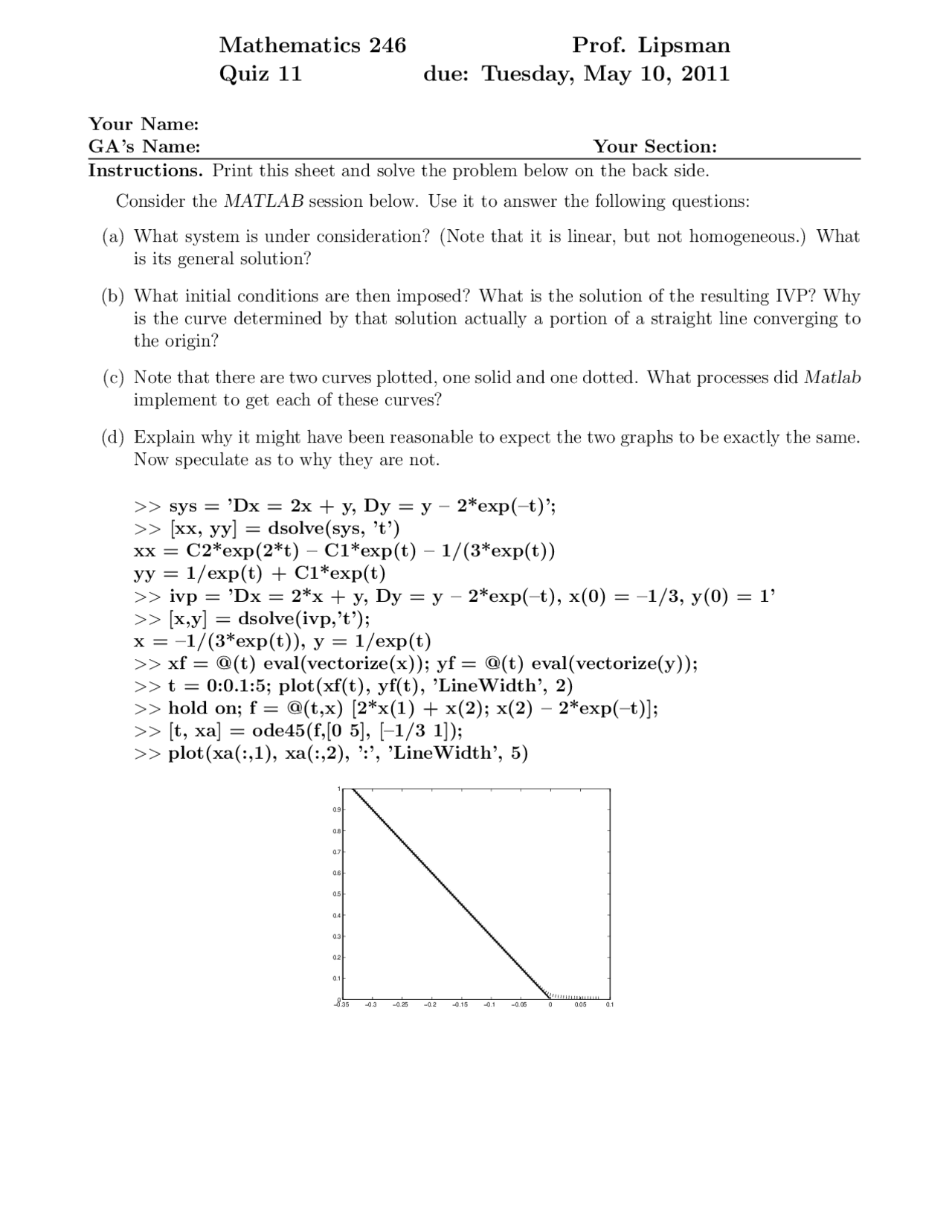 Matlab Quiz 11 Differential Equations For Scientists And Engineers