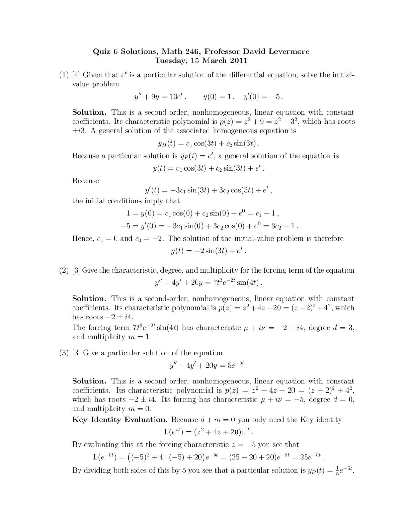 Quiz 6 Solutions Differential Equations For Scientists And Engineers