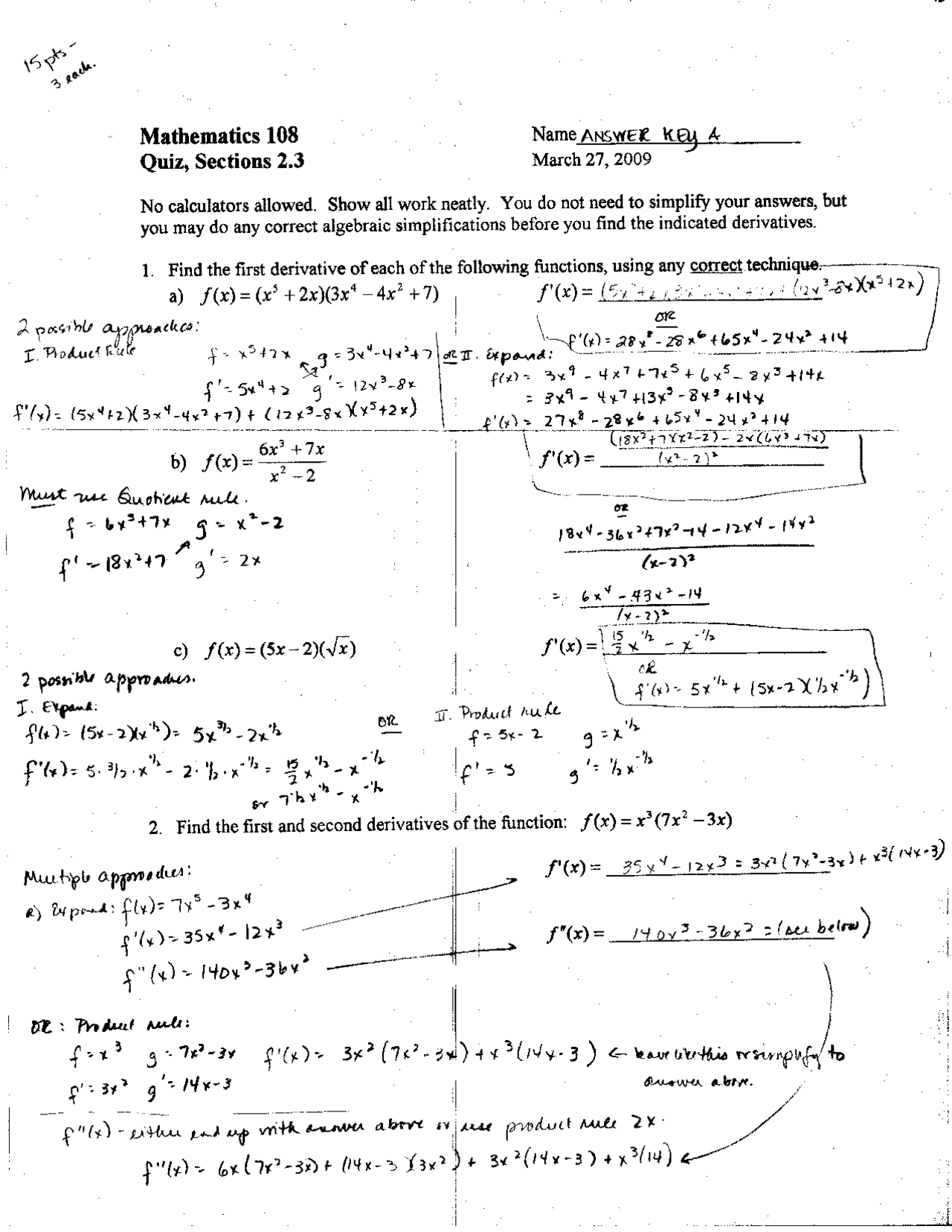 Quiz 2 Solution Key Introductory Calculus Business Applications