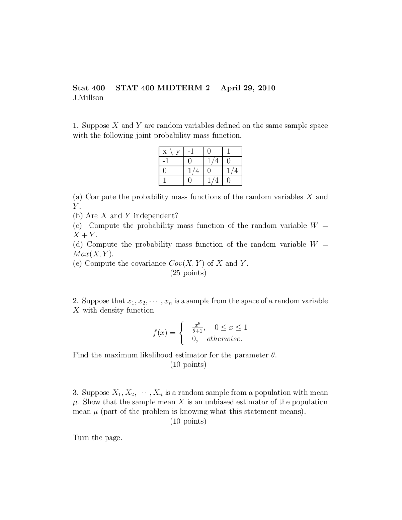 Midterm Exam 2 with Solutions - Applied Probability and Statistics | STAT 400 | Exams ...
