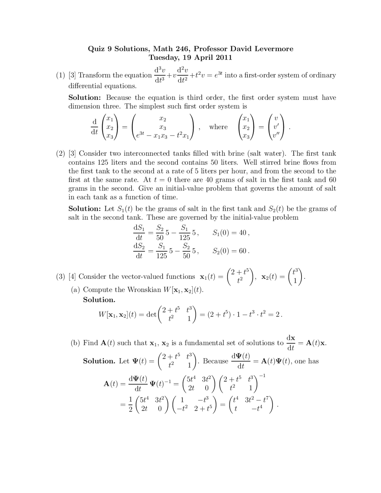 Quiz 9 Solutions Differential Equations For Scientists And Engineers