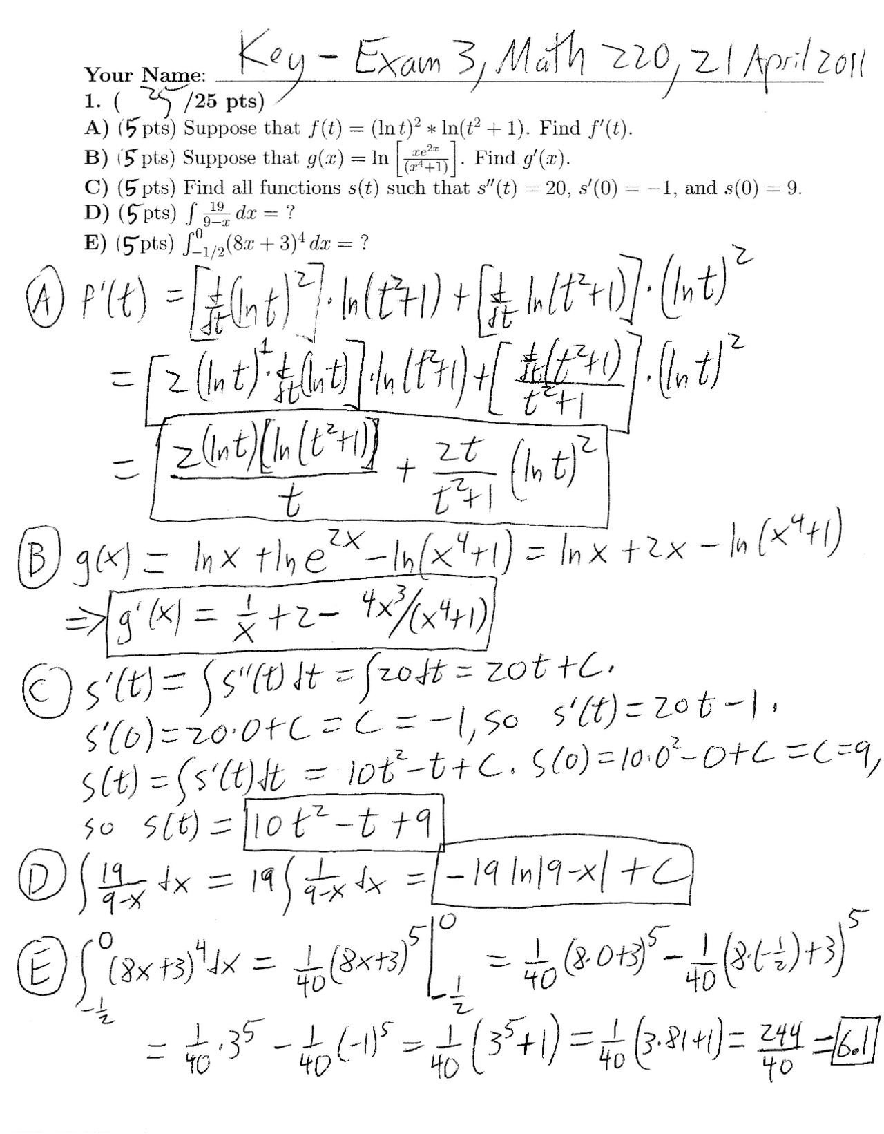 Exam 3 With Answer Key Elementary Calculus I Math 220 Docsity