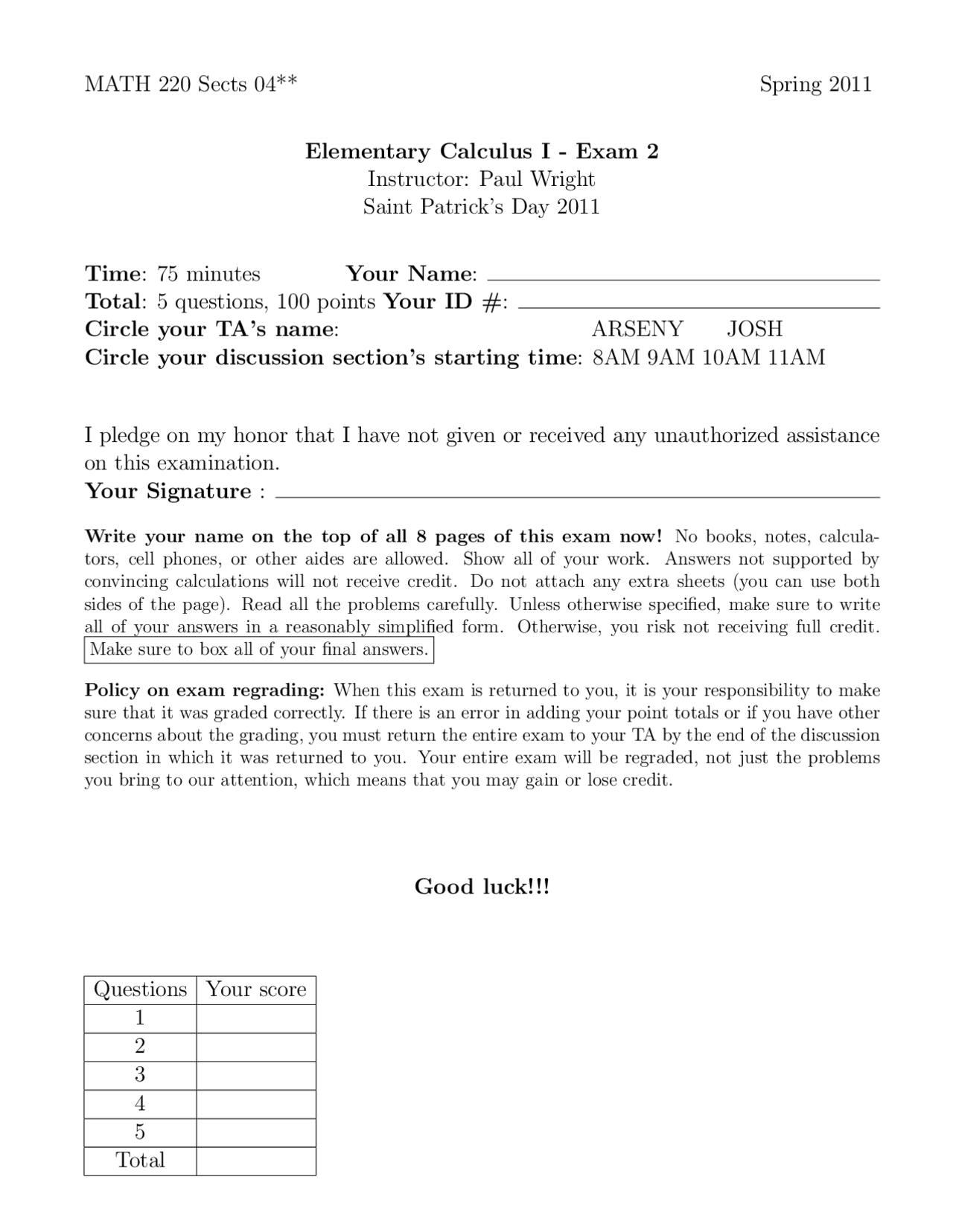 Exam # 2 - Elementary Calculus I | MATH 220 - Docsity