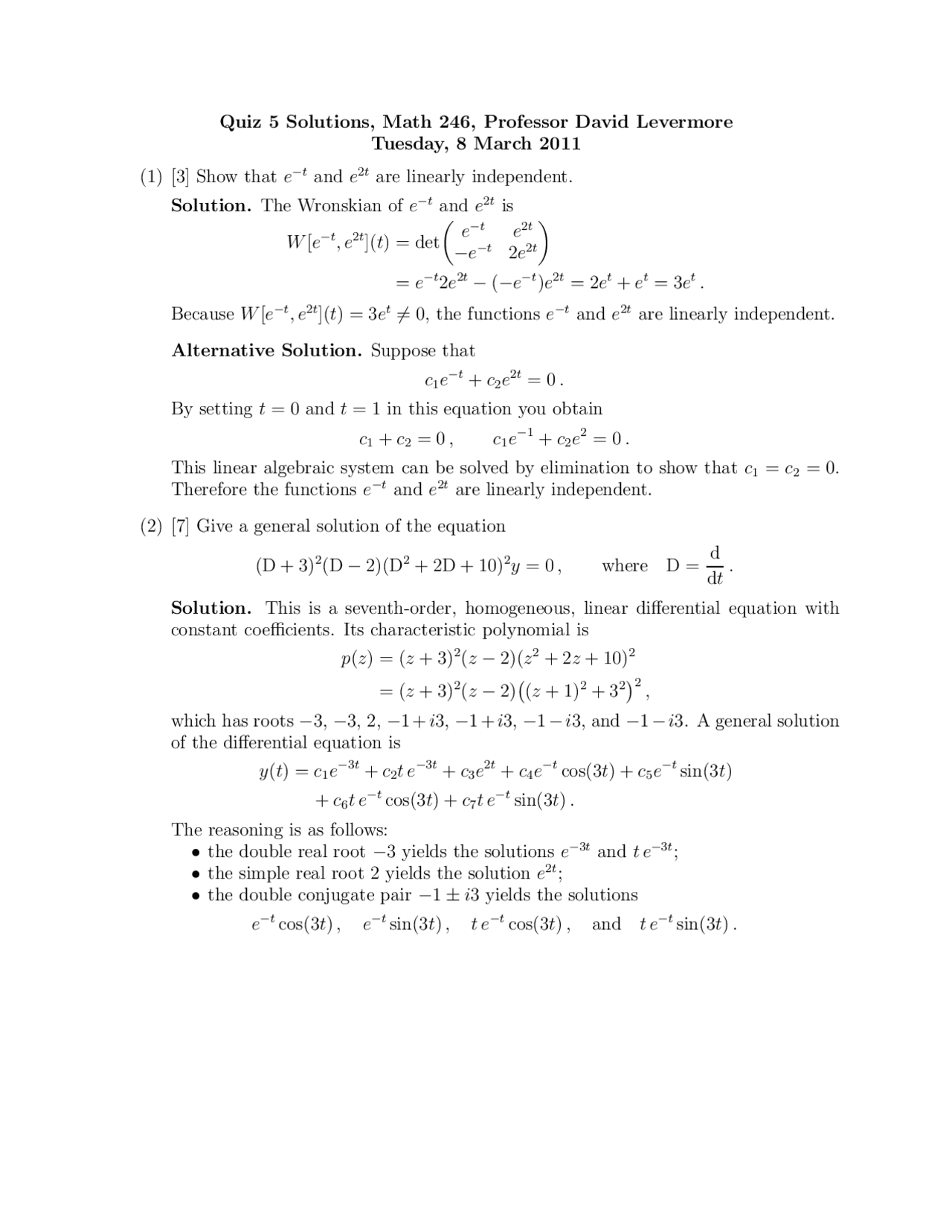 Quiz 5 Solutions Differential Equations For Scientists And Engineers