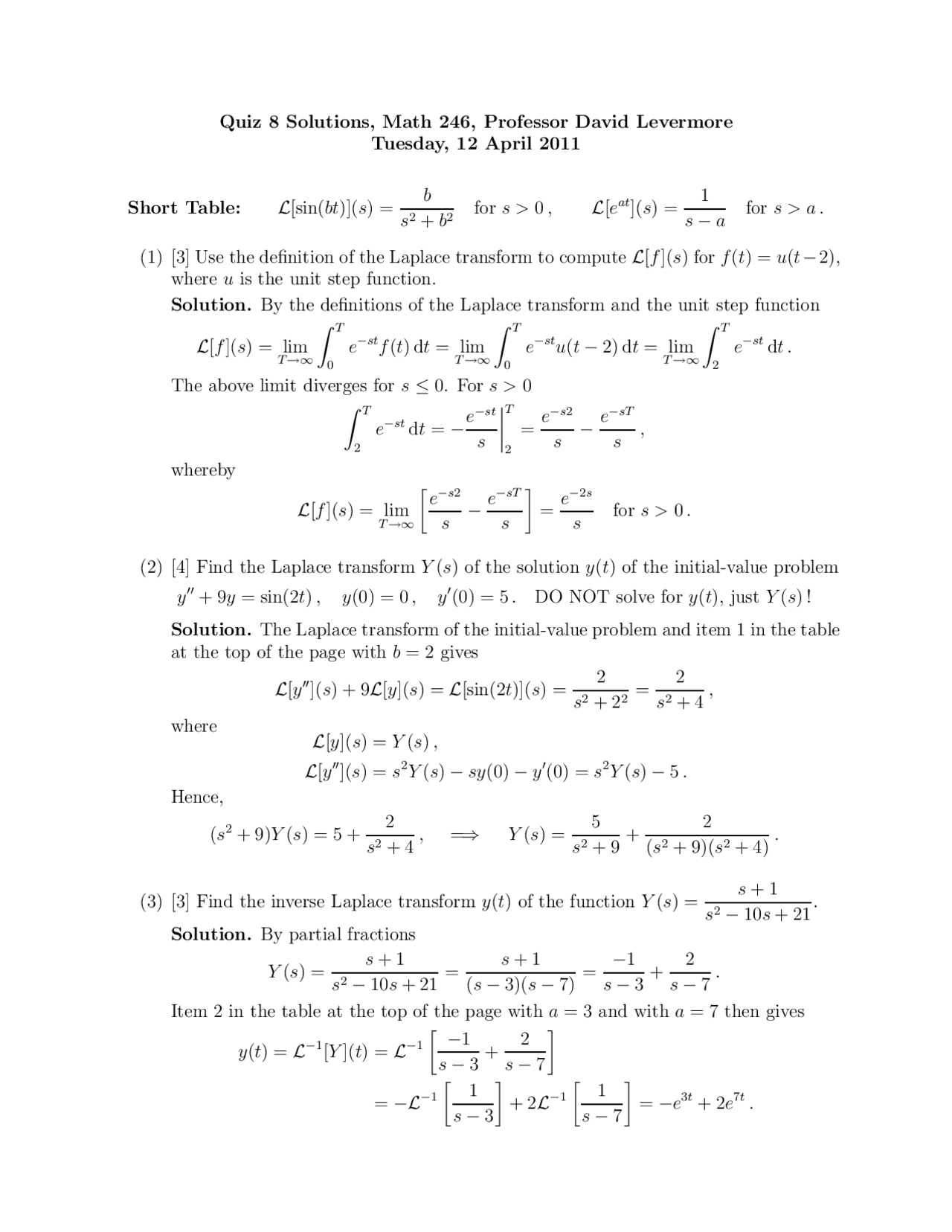 Quiz 8 with Solution - Differential Equations for Science | MATH 246 | Quizzes Differential ...
