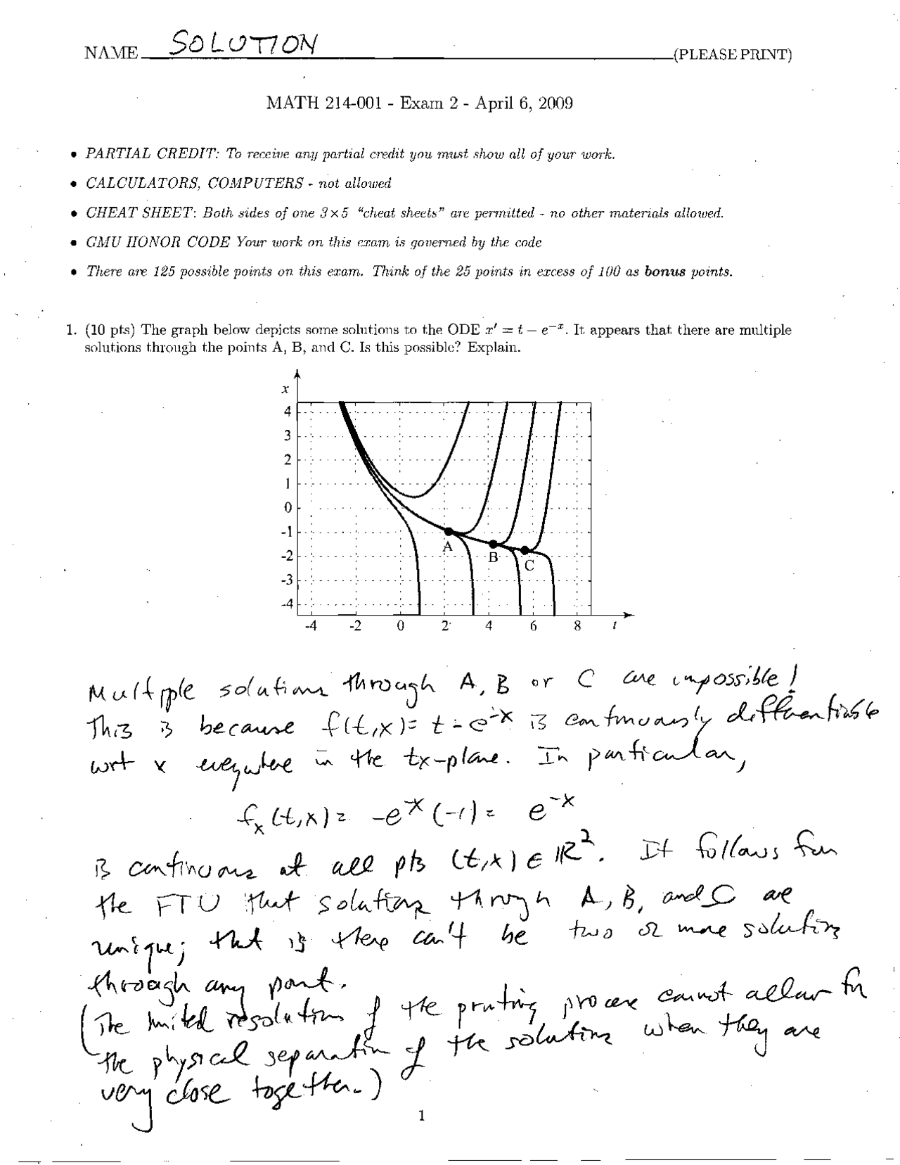 Exam 2 With Solution Fall 2009 Math 214 Docsity