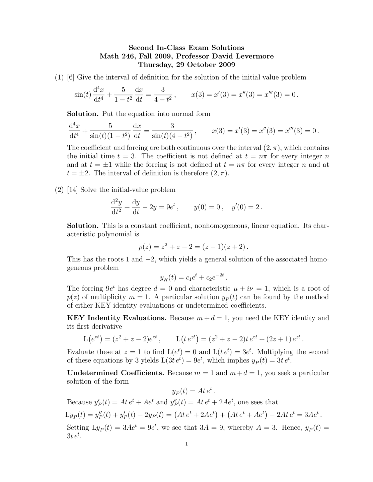 Exam 2 Solutions Differential Equations For Scientists And Engineers
