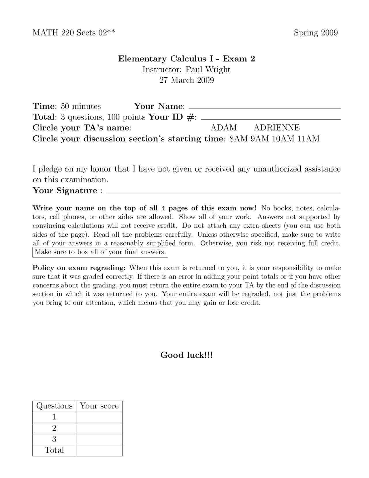 Elementary Calculus I - Exam 2 for MATH 220, Spring 2009 by Paul Wright ...