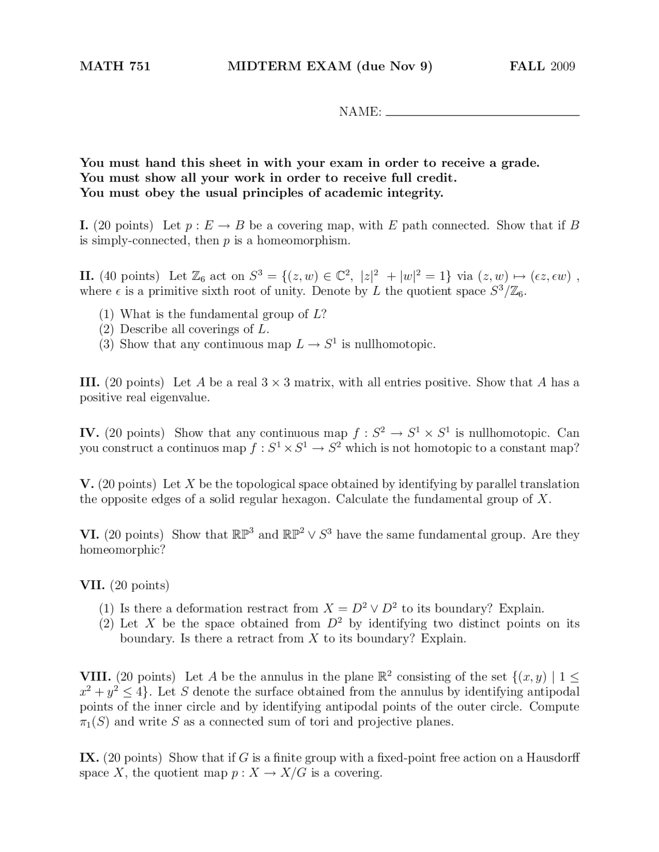 Introductory Topology I 9 Questions On Midterm Exam Math 751 Docsity