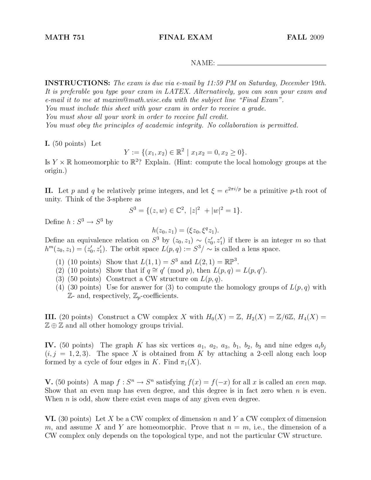 6 Questions On Final Exam Introductory Topology I Math 751 Docsity