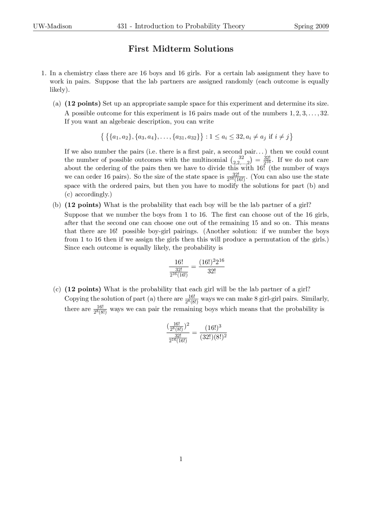 Midterm 1 Solutions | Introduction to Theory of Probability | MATH 431 - Docsity