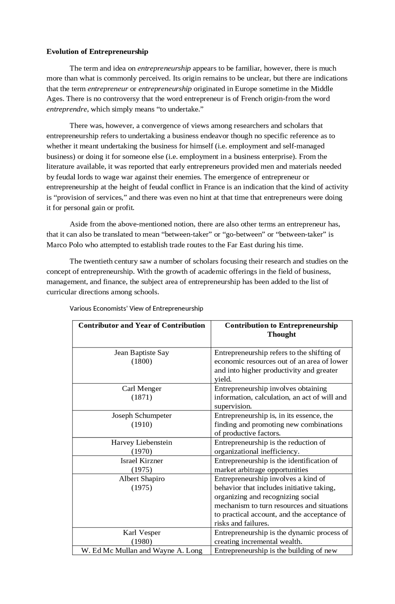 Lecture Notes On Evolution Of Entrepreneurship Docsity