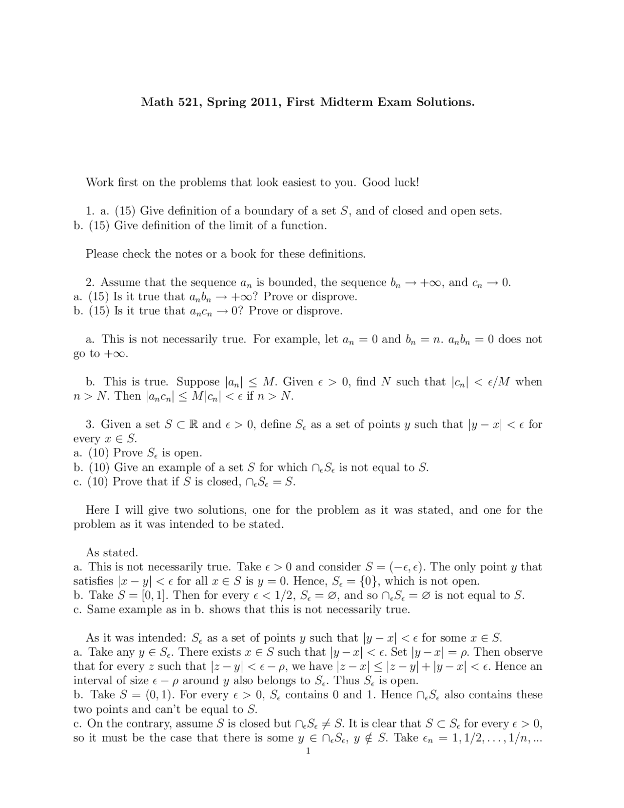 First Midterm Exam Solution - Analysis I - Spring 2011 | MATH 521 | Exams Advanced Calculus ...