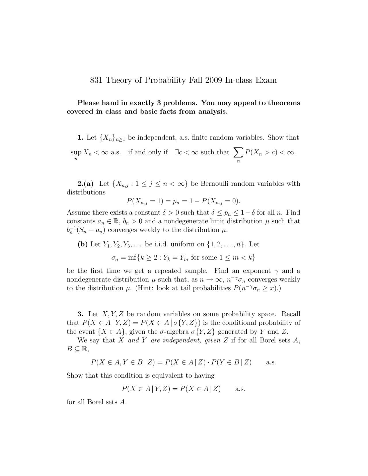 In-Class Examination Problems - Theory of Probability | MATH 831 - Docsity