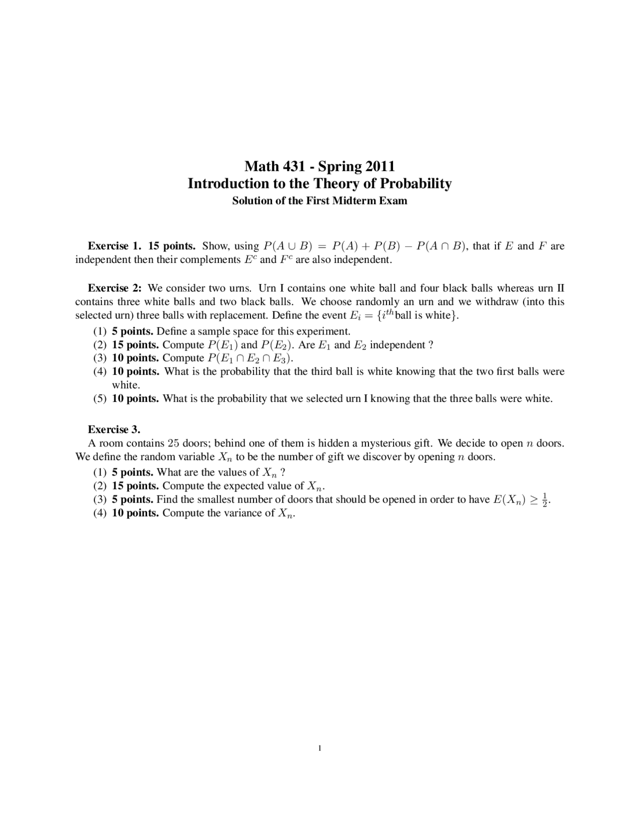 First Midterm Exam with Solution - Introduction to Theory of Probability | MATH 431 - Docsity