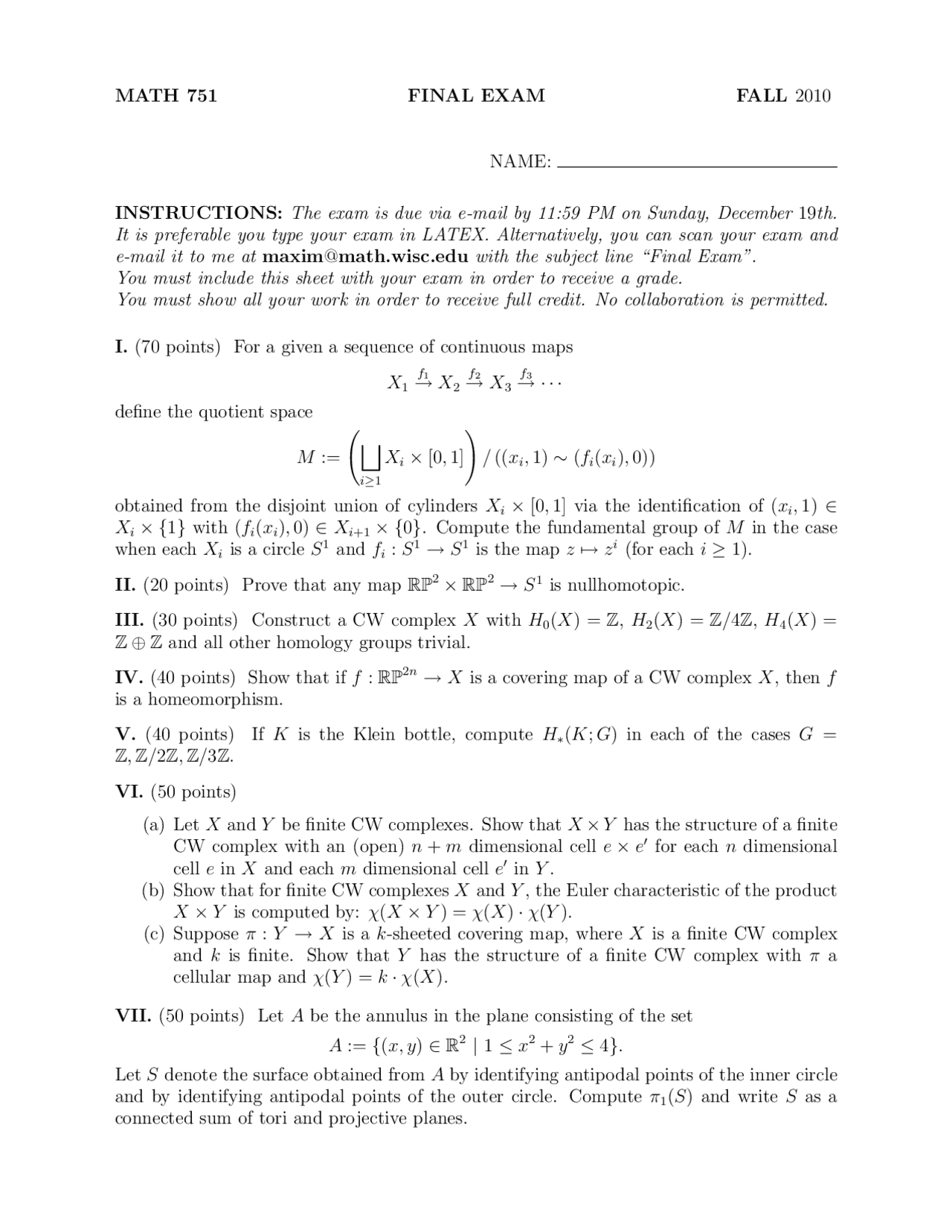 Introductory Topology I Final Exam Questions Math 751 Docsity