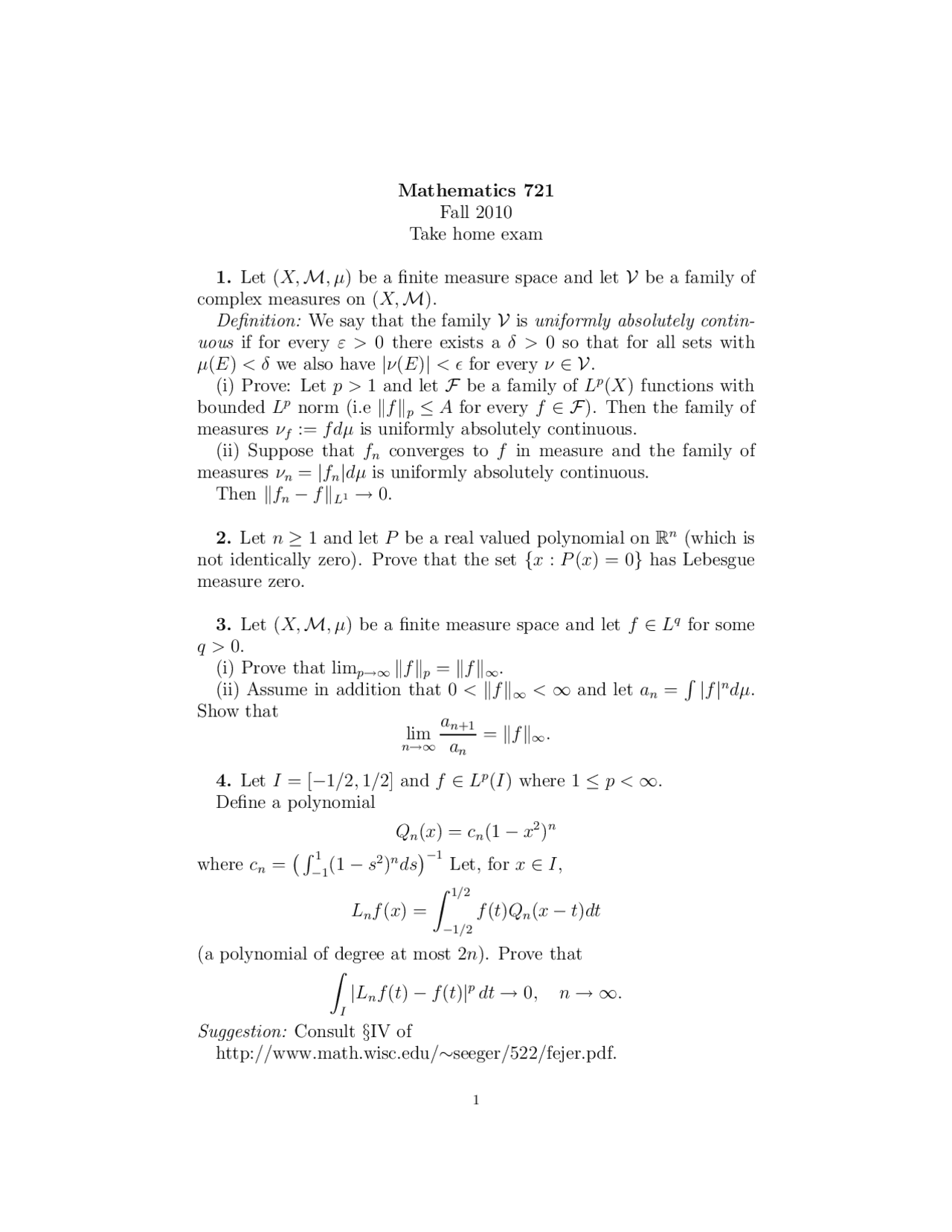 Take home exam Real Analysis I (Fall 2010) | MATH 721 | Exams Mathematics - Docsity