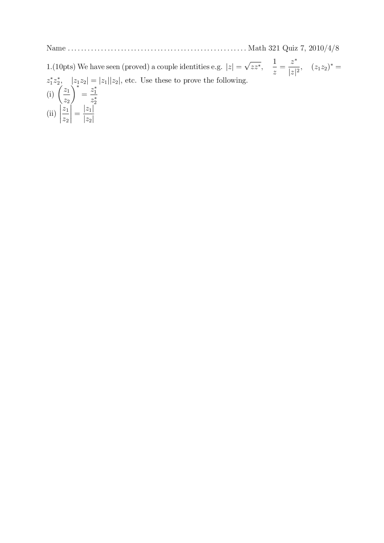 Quiz 7 With Solutions Applied Mathematical Analysis Fall 2010