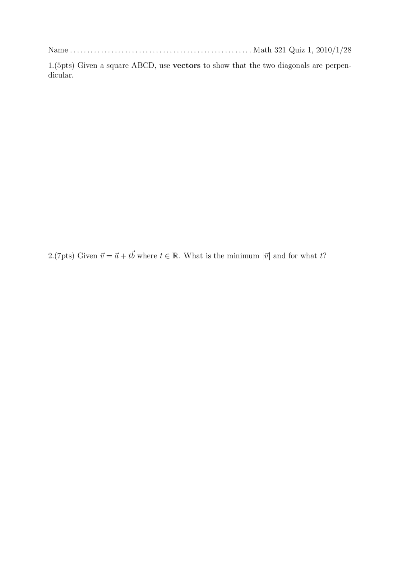 Quiz 1 Applied Mathematical Analysis 2010 Math 321 Docsity