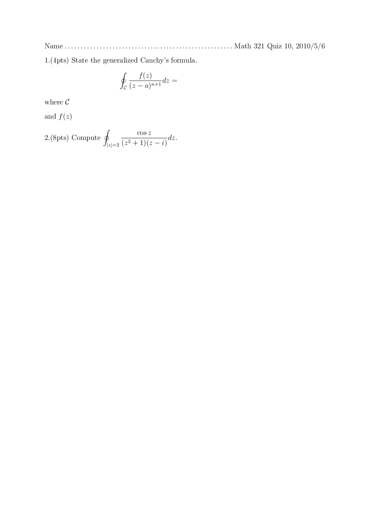 Practice Quiz 10 Applied Mathematical Analysis Math 321 Quizzes