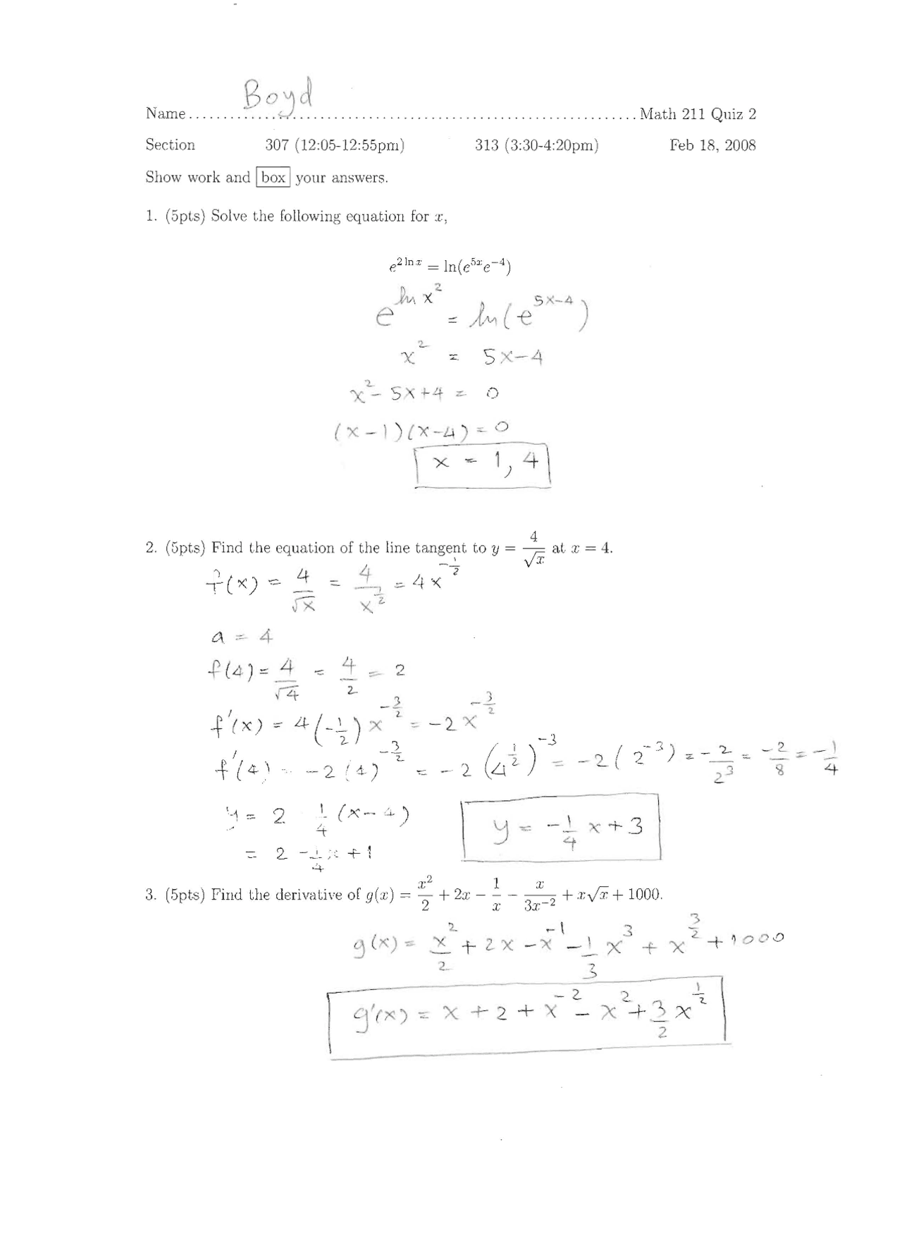 Solution Key to Past Quiz 2 - Calculus | MATH 211 - Docsity