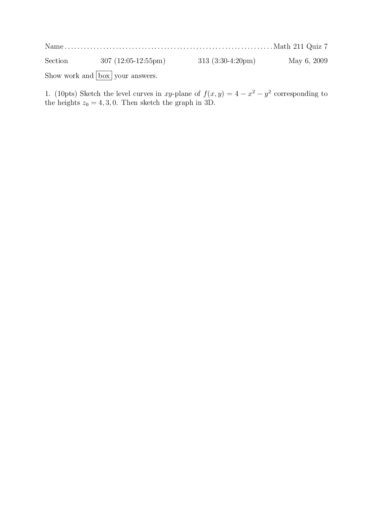 Sample Quiz 7 Problems - Calculus | MATH 211 | Quizzes Calculus | Docsity