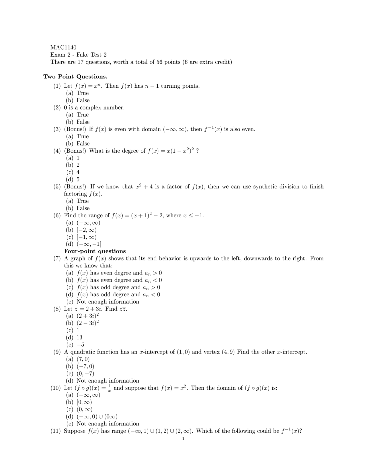 17 Questions with Two and Four Points in Exam 2 | MAC 1140 - Docsity