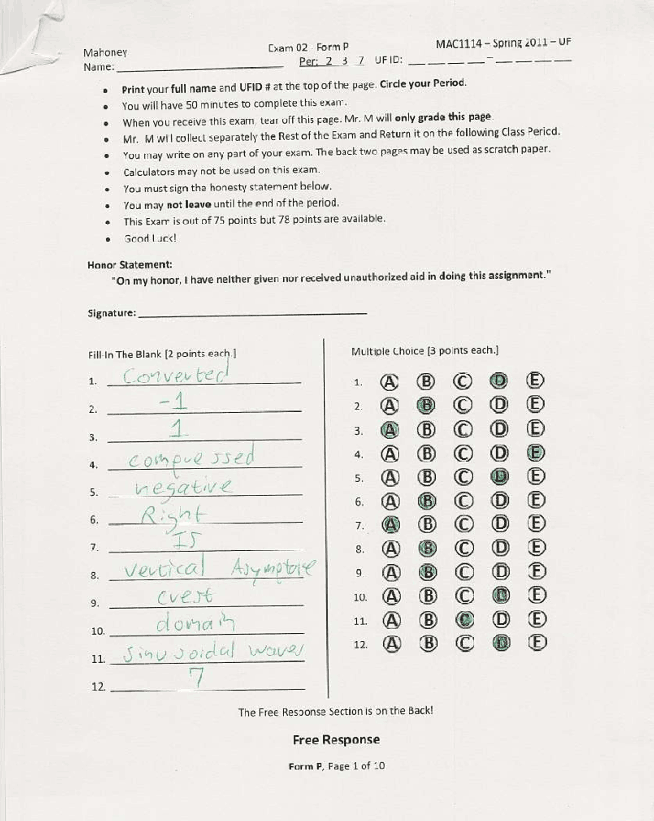 Exam With Solutions Trigonometry Mac 1114 Docsity